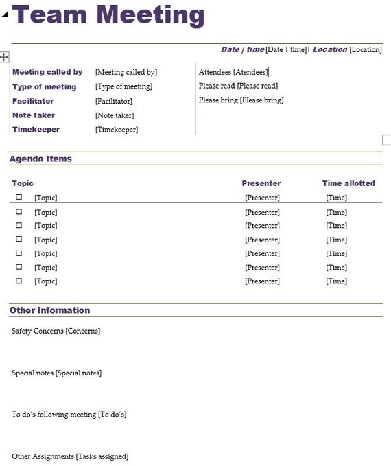 Team Meeting Huddle Form Agenda Downloadable Editable - Etsy