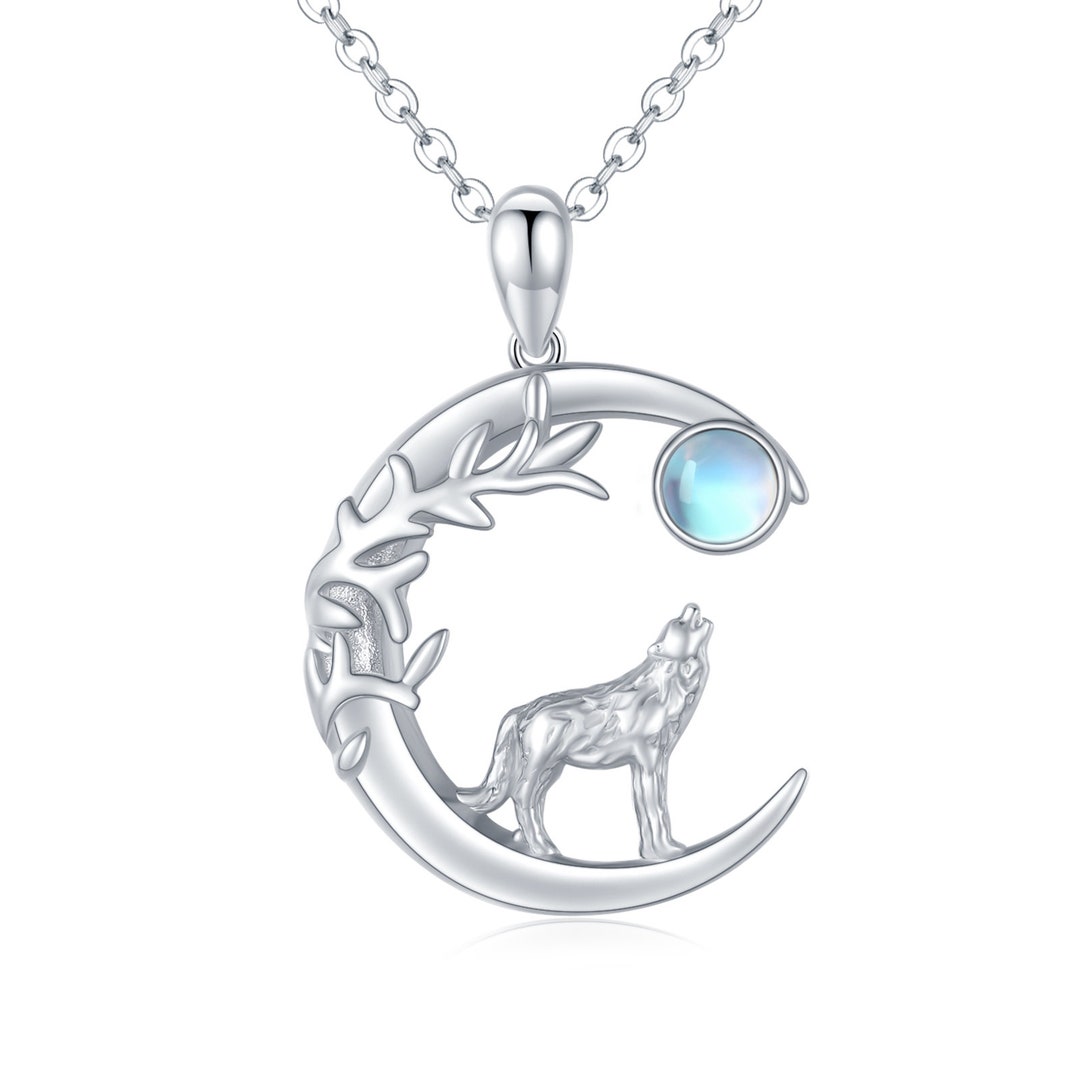Wolf Necklace for Women 925 Sterling Silver Moonstone Pendant Crescent ...