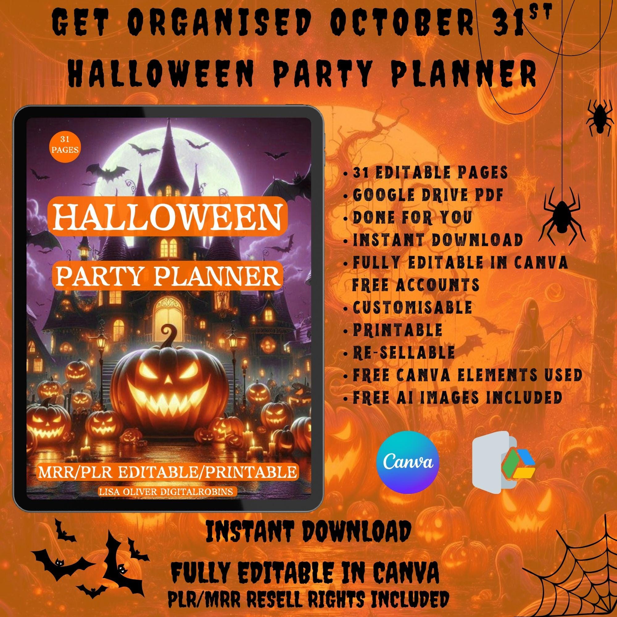 Editable Halloween Party Planner Canva Template: MRR/PLR Google Drive ...