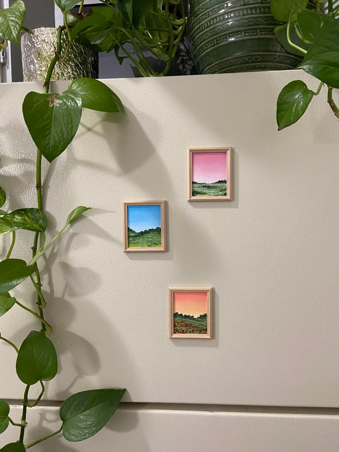 Hand Painted Miniature Fridge Magnet, Sunset and Flower Field Artwork ...