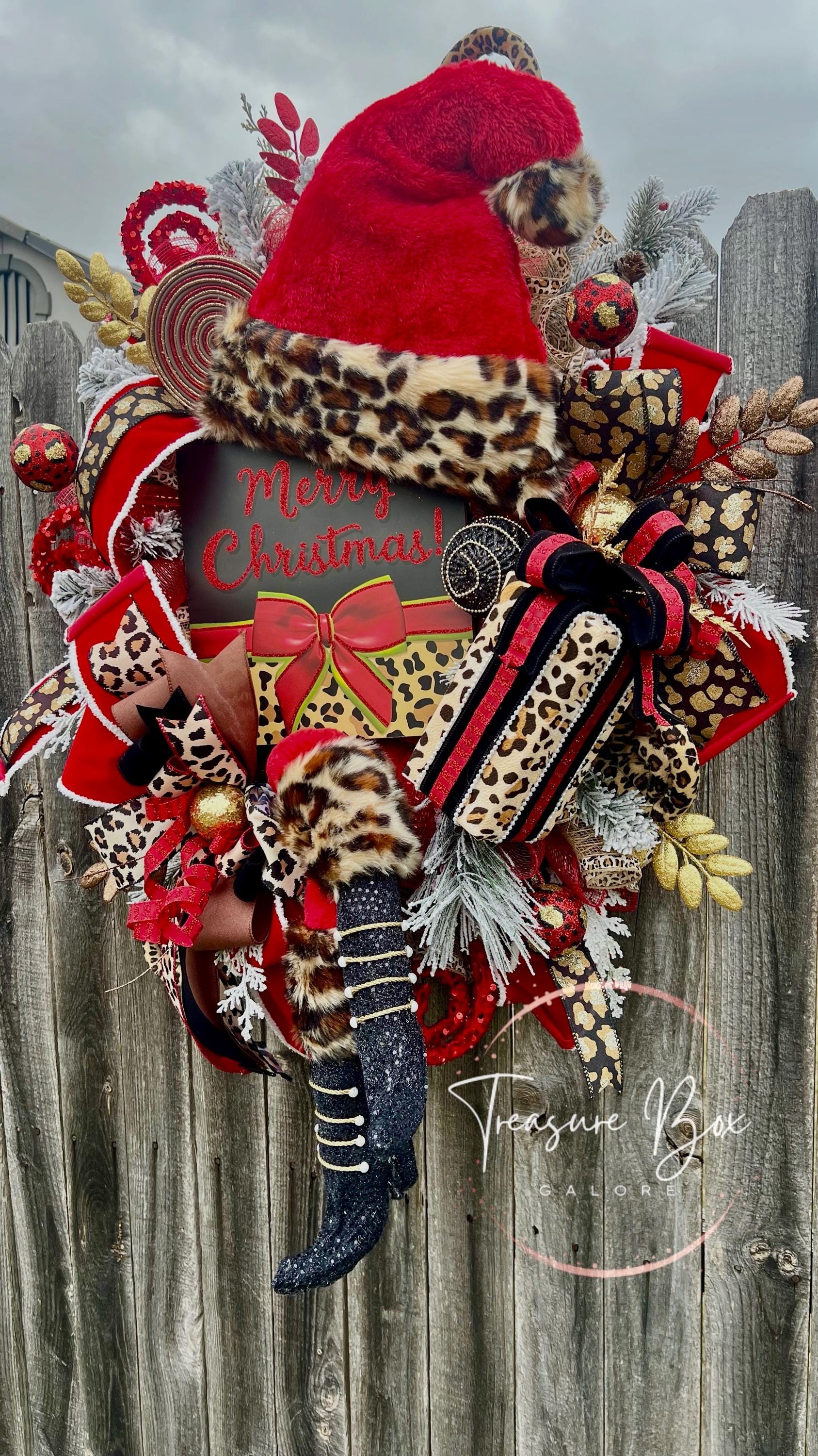 Glam Christmas Wreath, Red and Leopard Print, Elf Wreath, Christmas ...