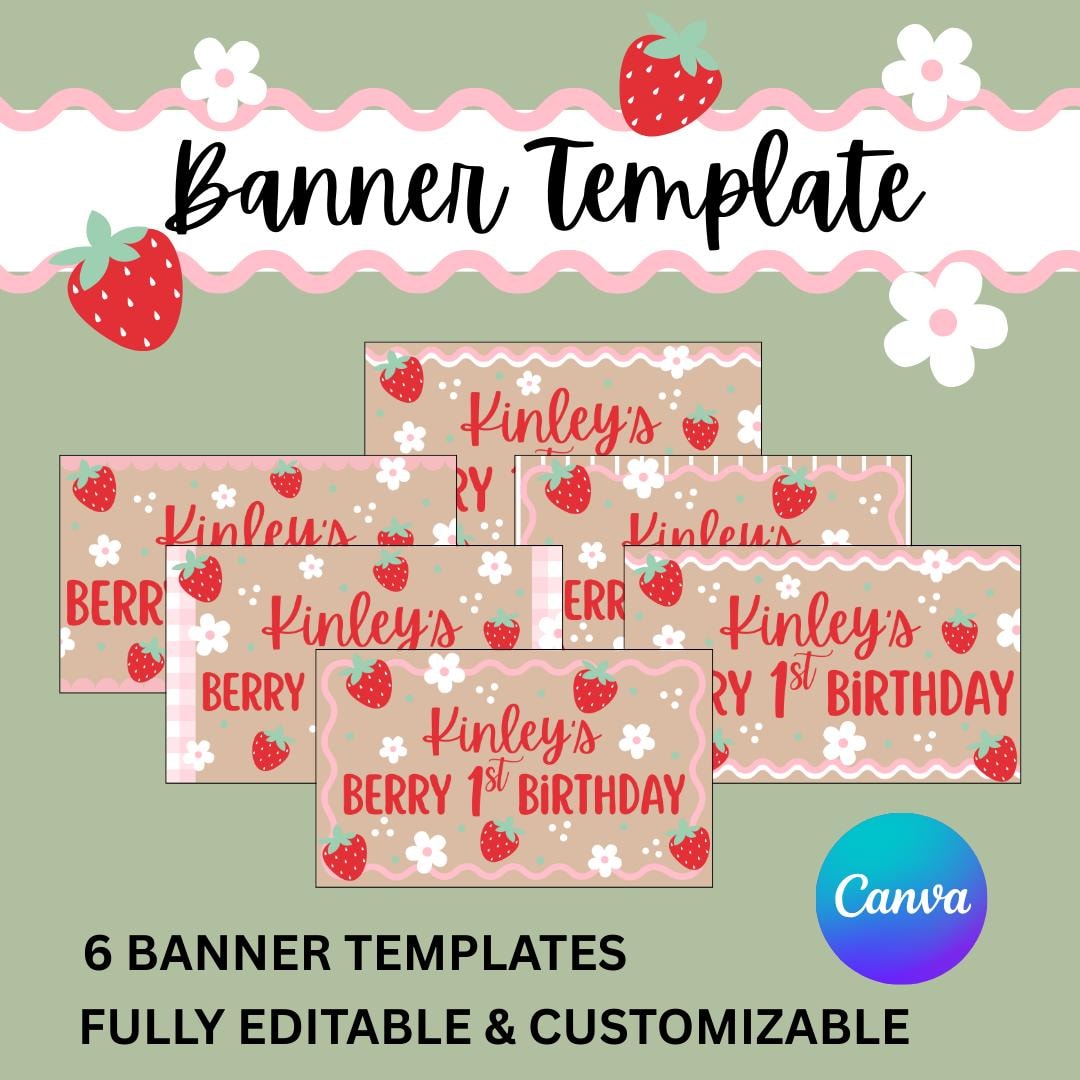 Strawberry Birthday Banner Template: DIY Painted Sign (canva Editable ...