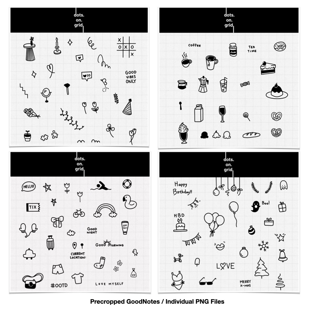 280+ Renewed Digital Sticker Pack | B&W Doodle Sticker Set (for ...