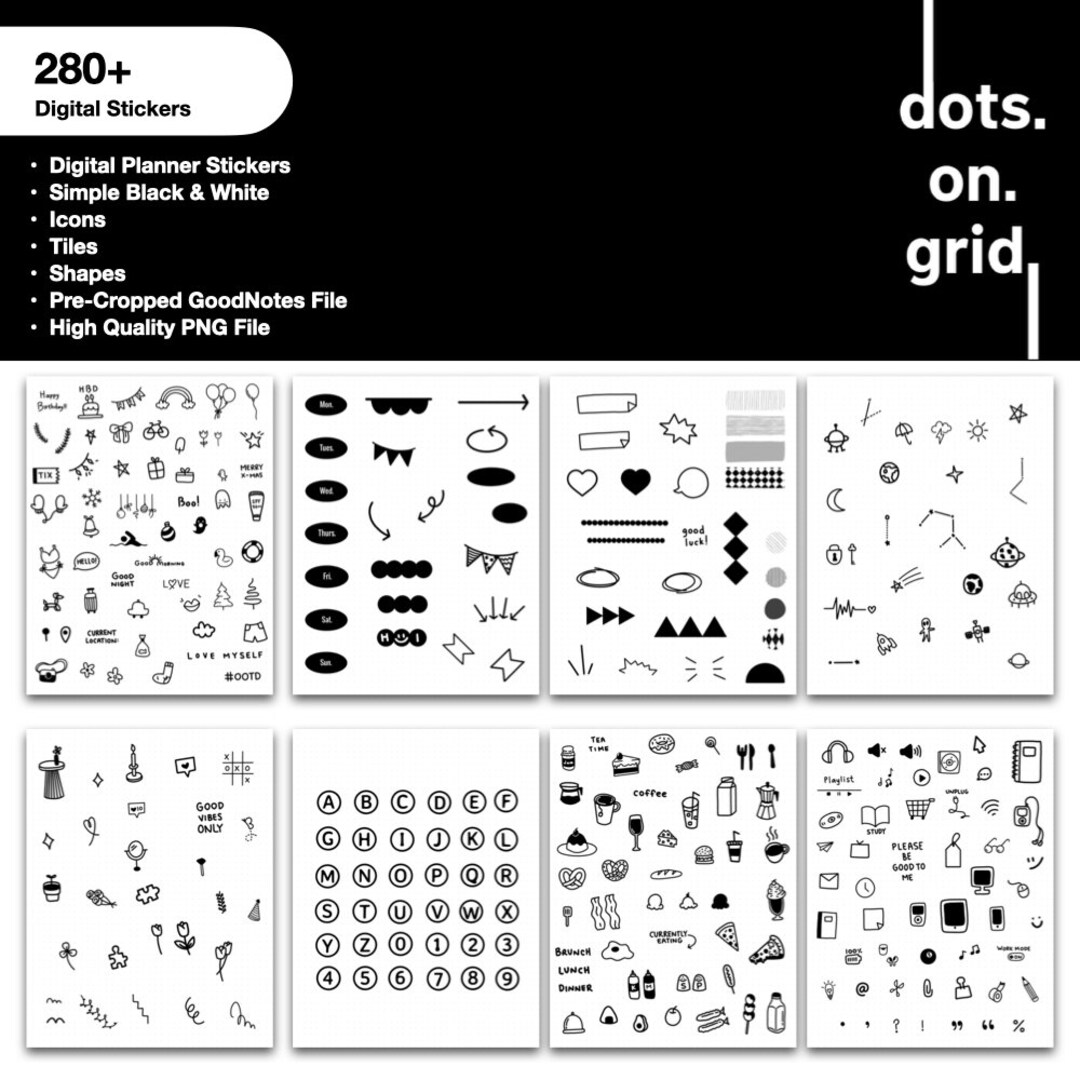 280+ Renewed Digital Sticker Pack | B&W Doodle Sticker Set (for ...