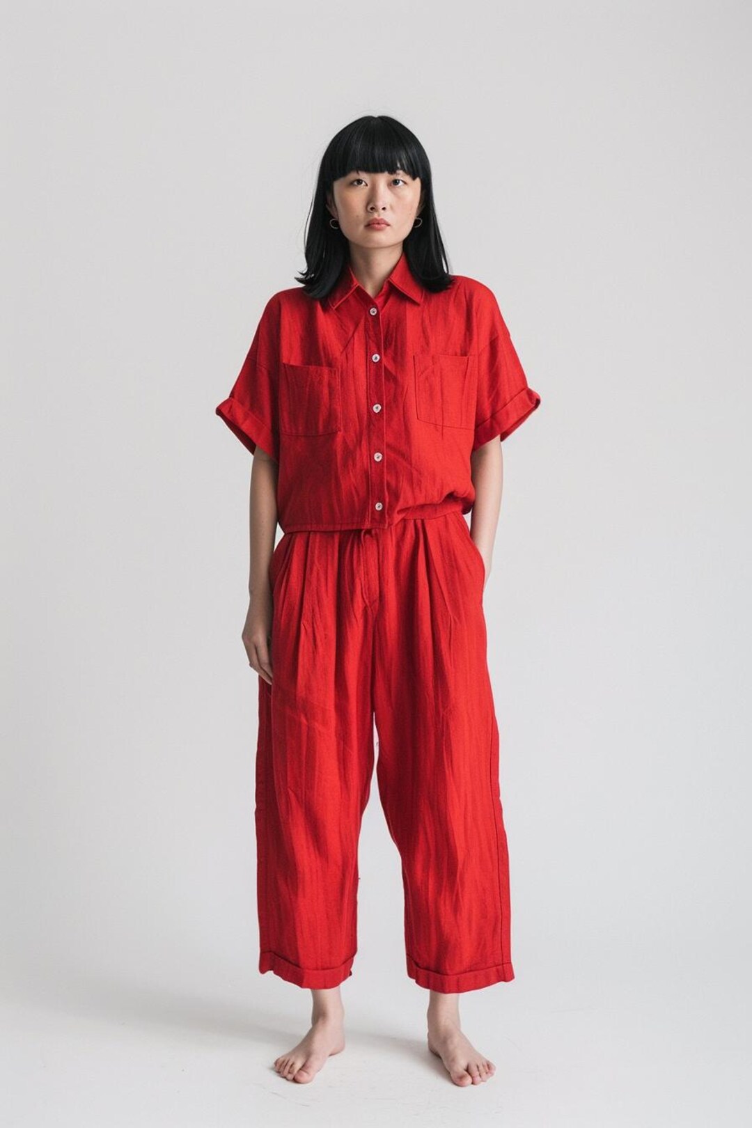 Red Two-pocket Dress With Matching Trousers – Elegant Cotton Outfit ...