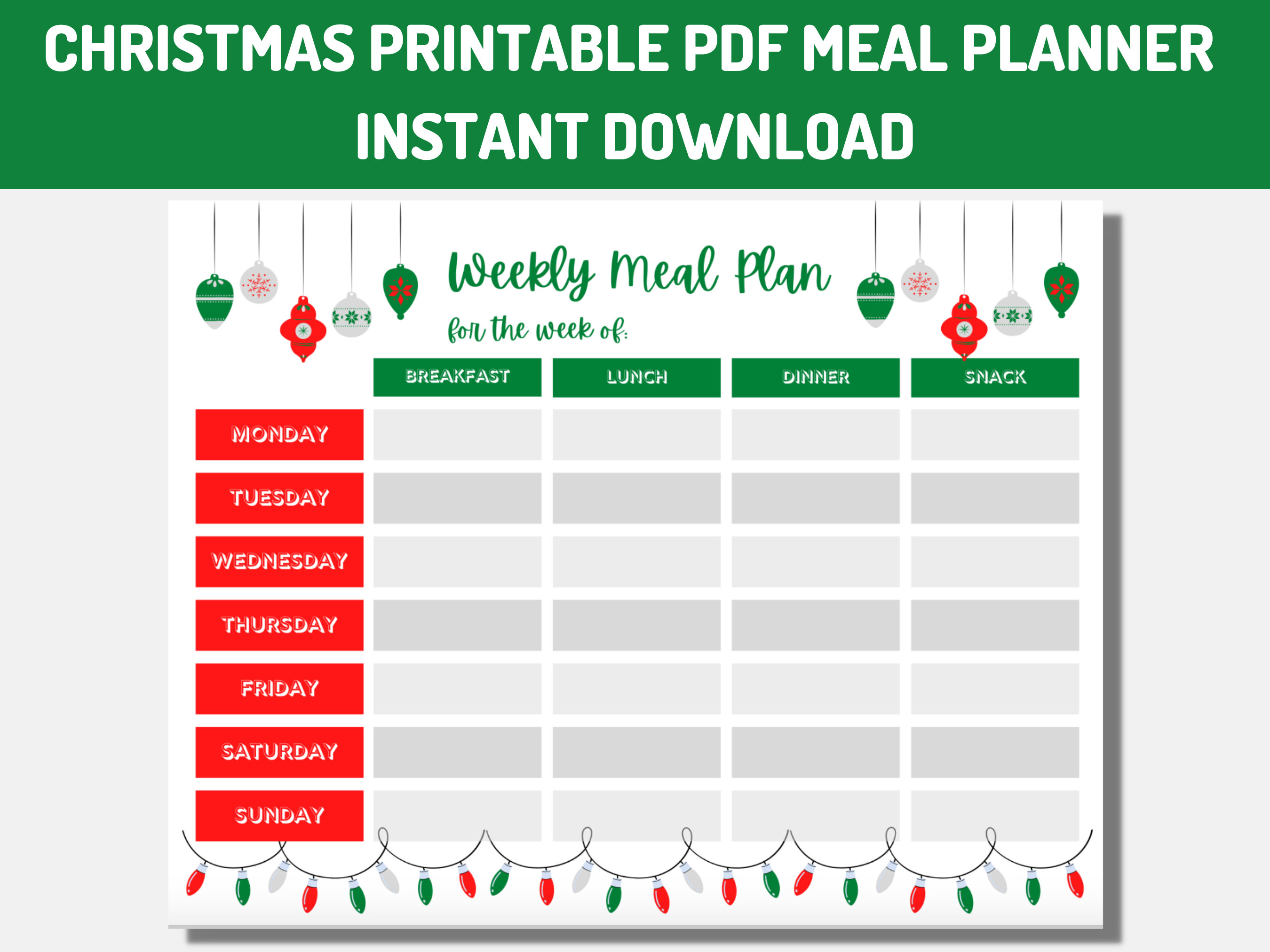 Weekly Meal Planner Printable | Christmas Holiday Theme | Grocery ...