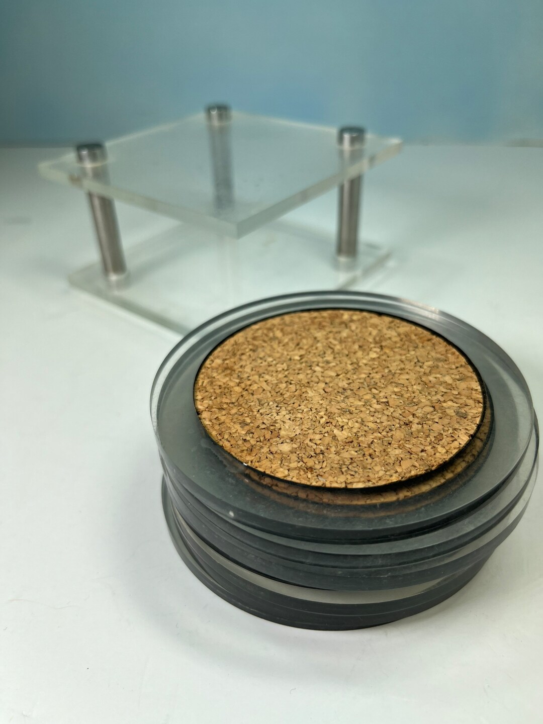 VTG MCM Acrylic Clear Plastic Coasters Set of 8 With Caddy Storage Cork ...