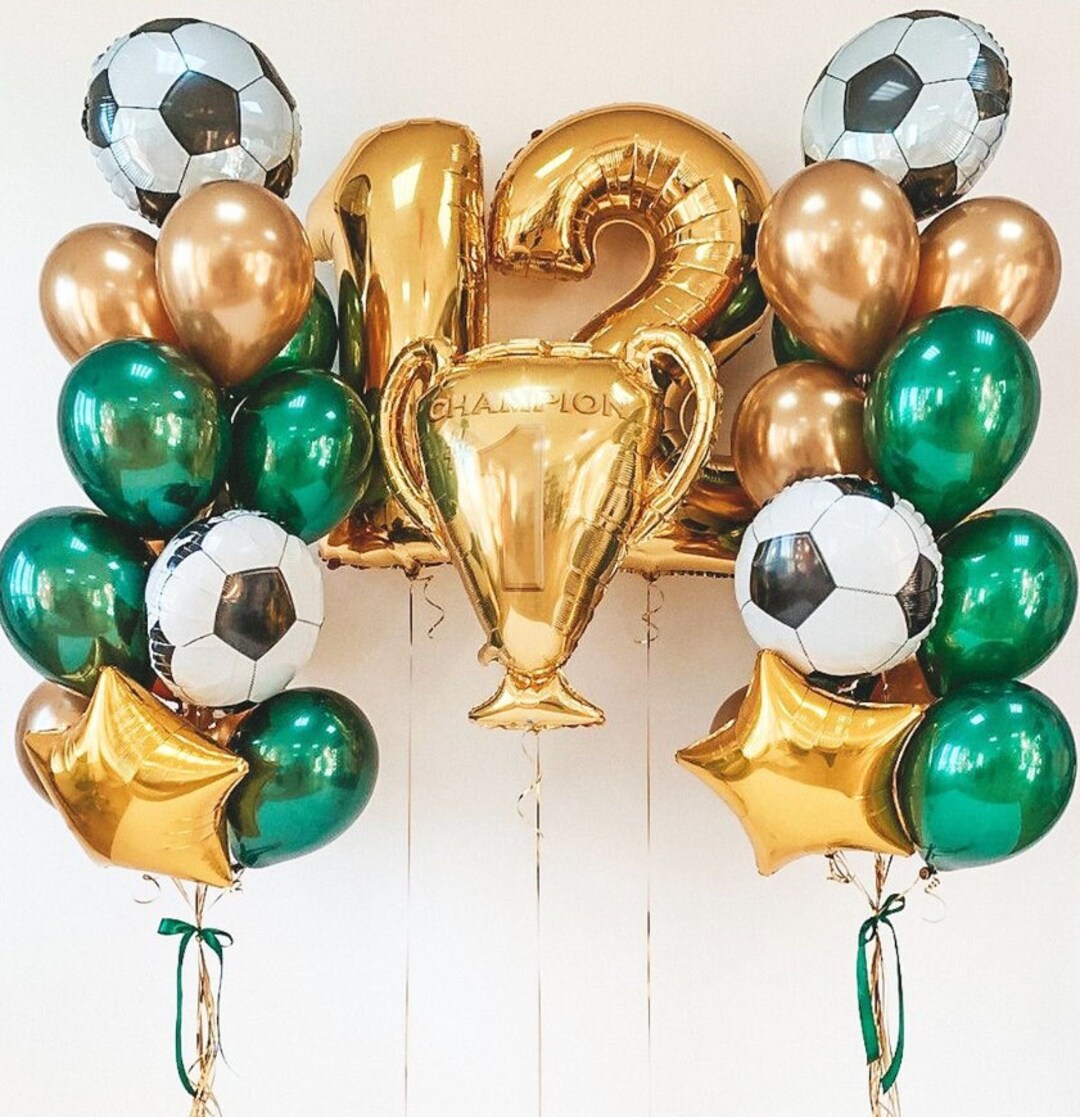Soccer Champion Balloon Set - Gold and Green Balloons With Trophy and ...