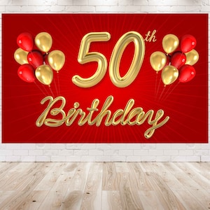 7X5FT 50 Years Red and Gold Birthday Backdrop | 50th Birthday ...