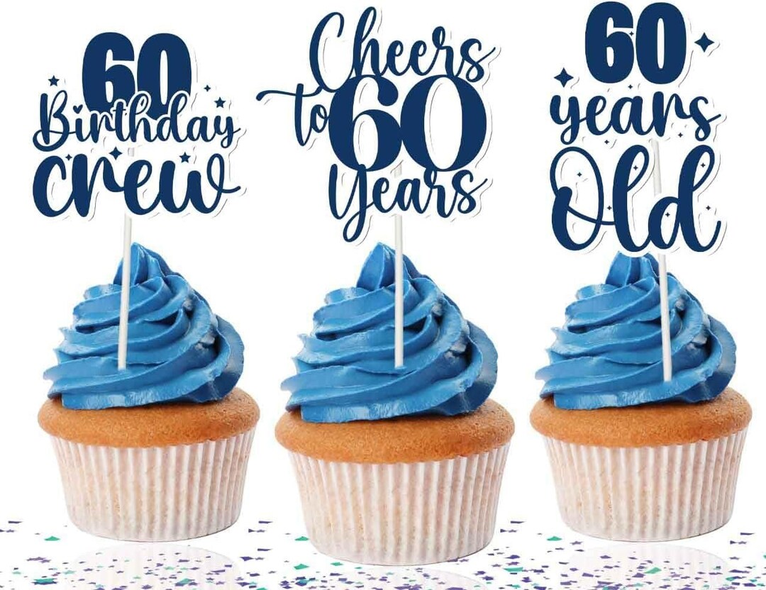 60th Birthday Blue Cupcake Toppers Set of 10 Elegant Party Decorations ...