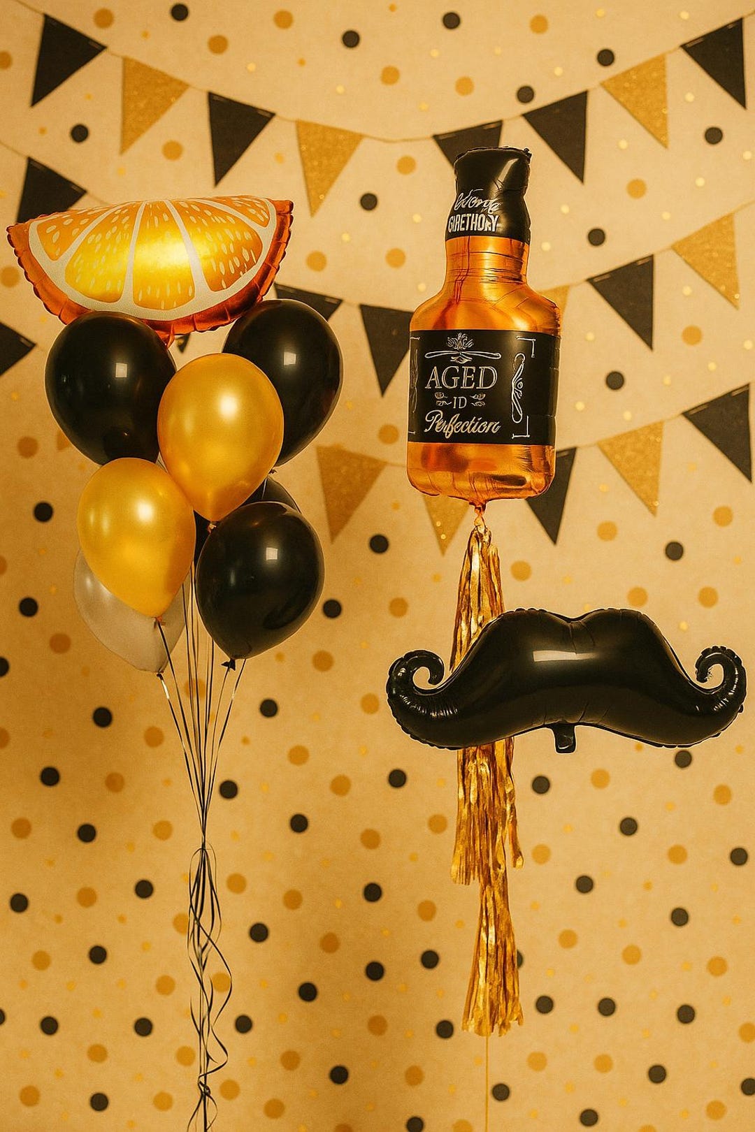 Birthday Party Balloon Set - Whiskey Bottle, Mustache, Orange Slice ...