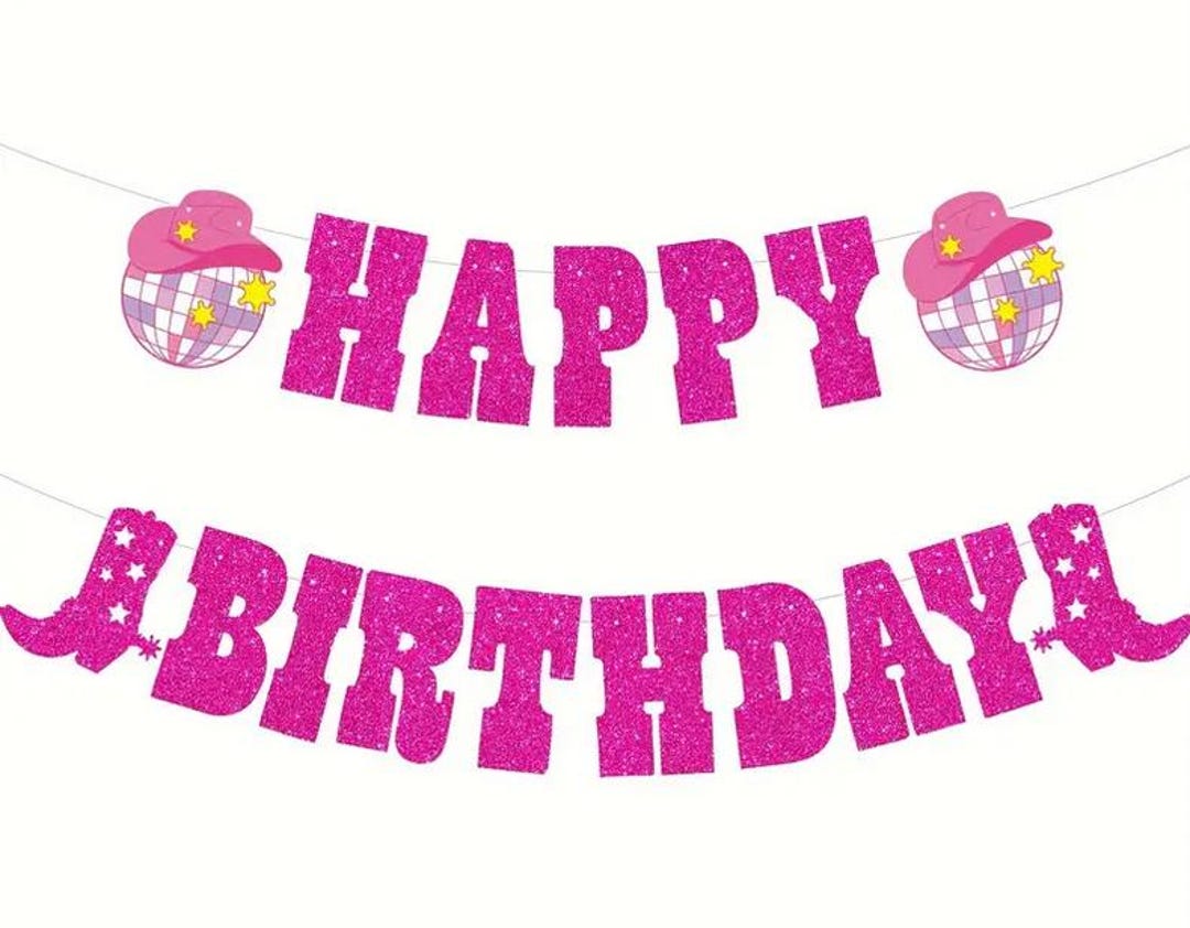 Glittering Pink Disco Happy Birthday Banner, Sparkling Party Garland ...