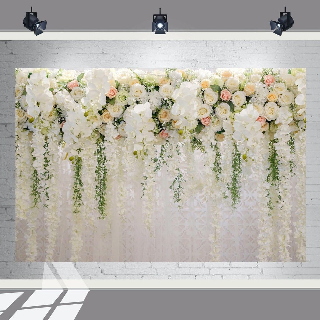 7X5FT White Floral Wedding, Bridal, Birthday Backdrop | White Roses ...