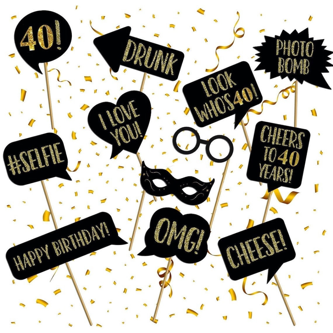 40th Birthday Photo Booth Props: Black and Gold Party Decorations - Etsy