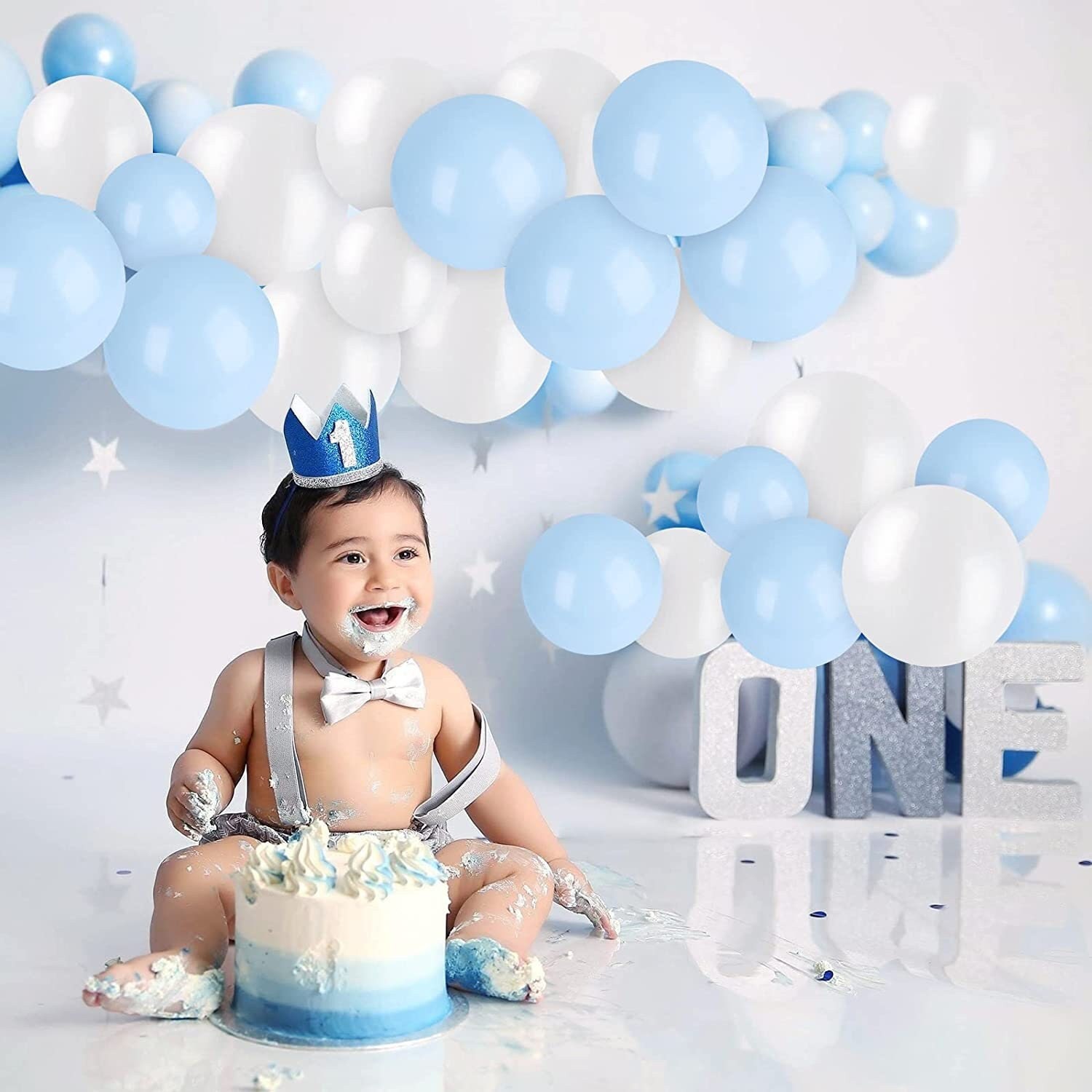 Bow Balloons Dusty Blue White Balloon Garland Double Stuffed Slate Fog ...