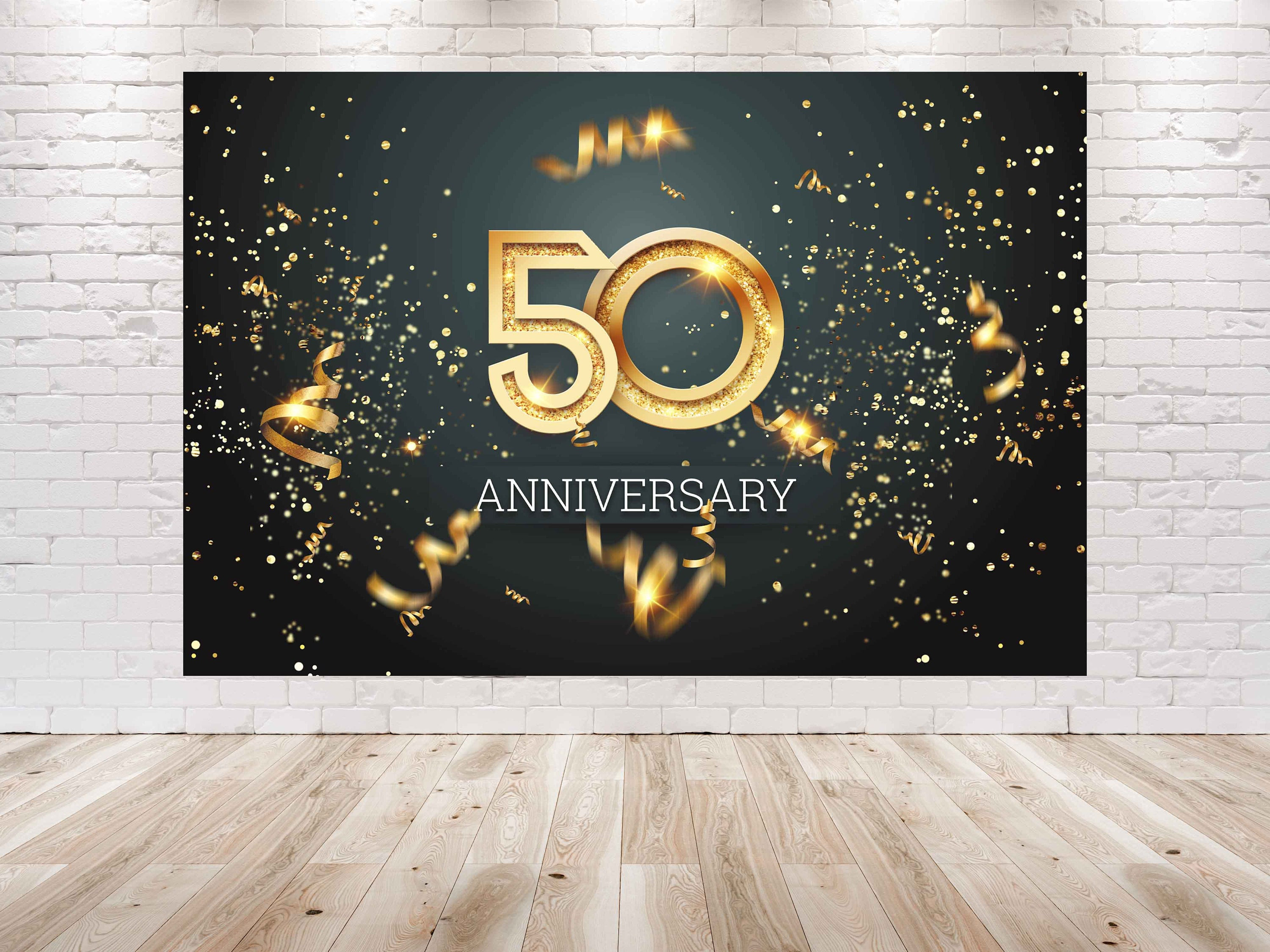 50th Birthday Backdrop: Black and Gold Anniversary Photo Poster (7x5 FT ...
