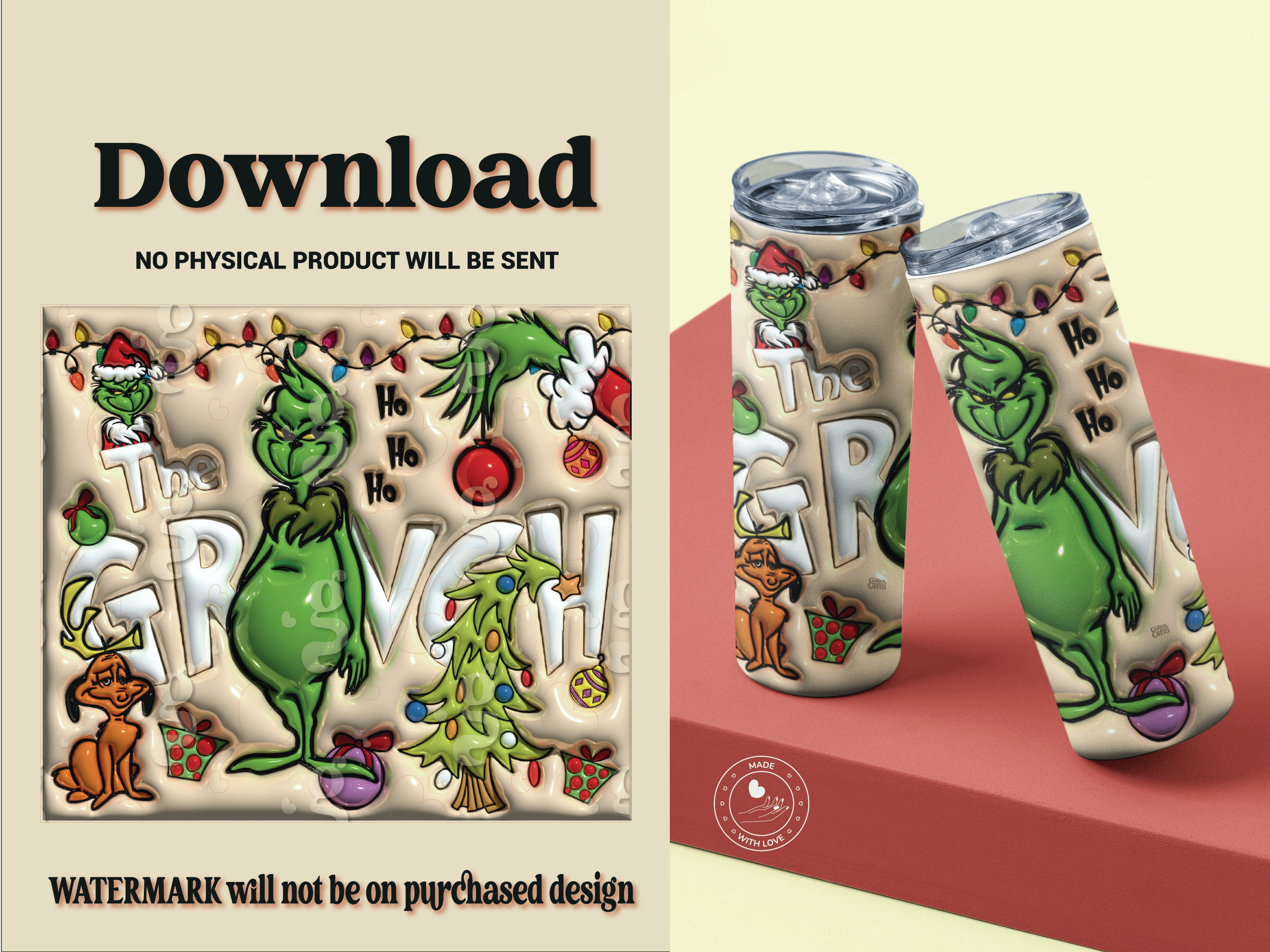 3D Inflated Grinch Tumbler Wrap. Puffy Tumbler Wrap Ginch. 3D Puff ...