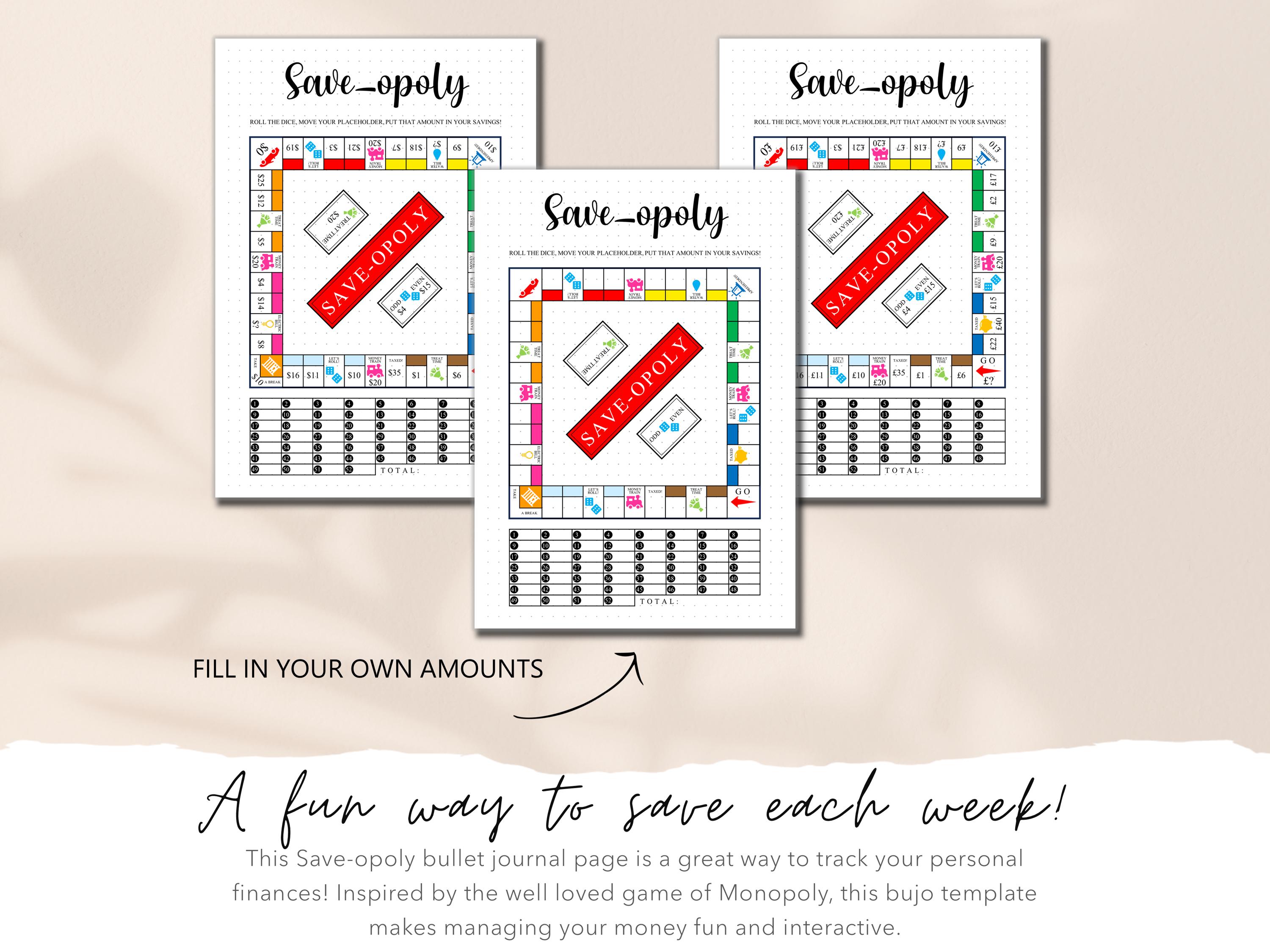 Printable Saveopoly Savings Challenge, Bullet Journal Budgeting Game ...
