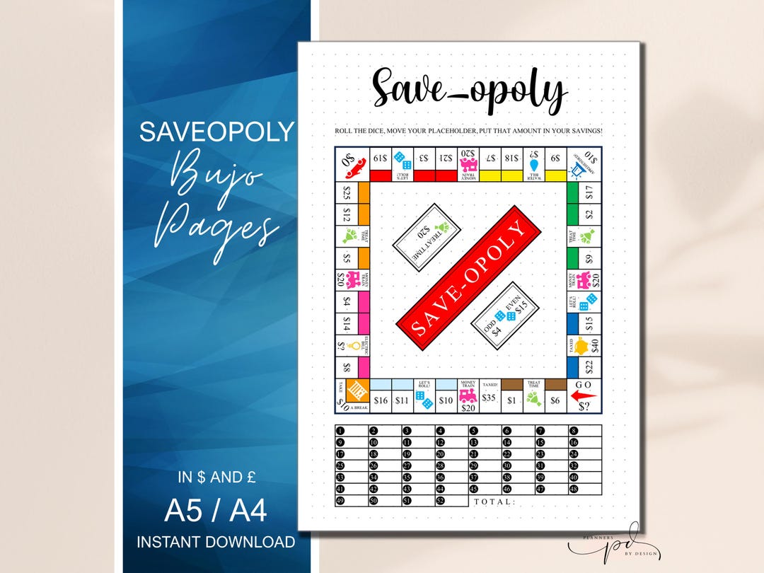 Printable Saveopoly Savings Challenge, Bullet Journal Budgeting Game ...
