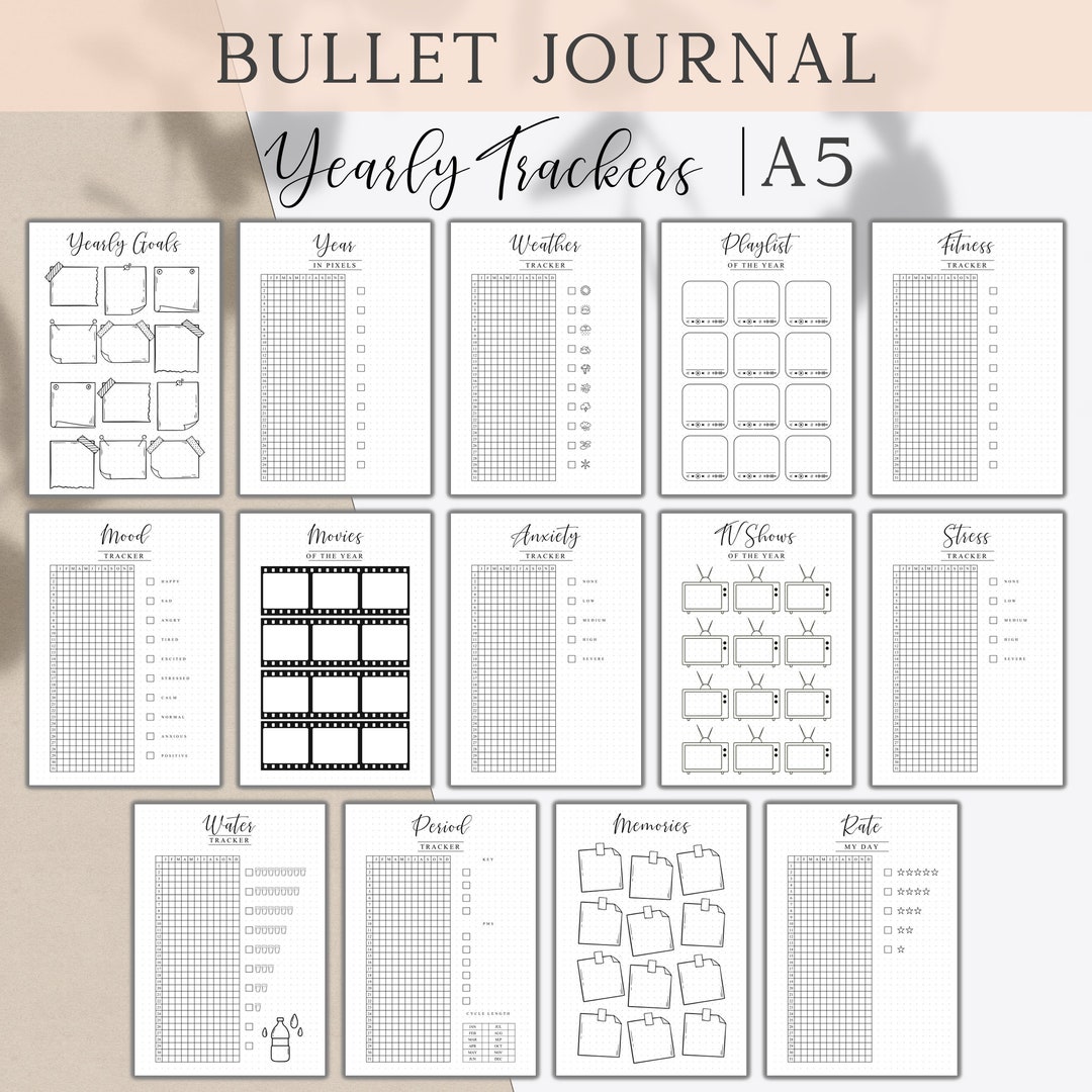 Yearly Trackers Bundle, Bullet Journal A5 Yearly Inserts, Printable ...