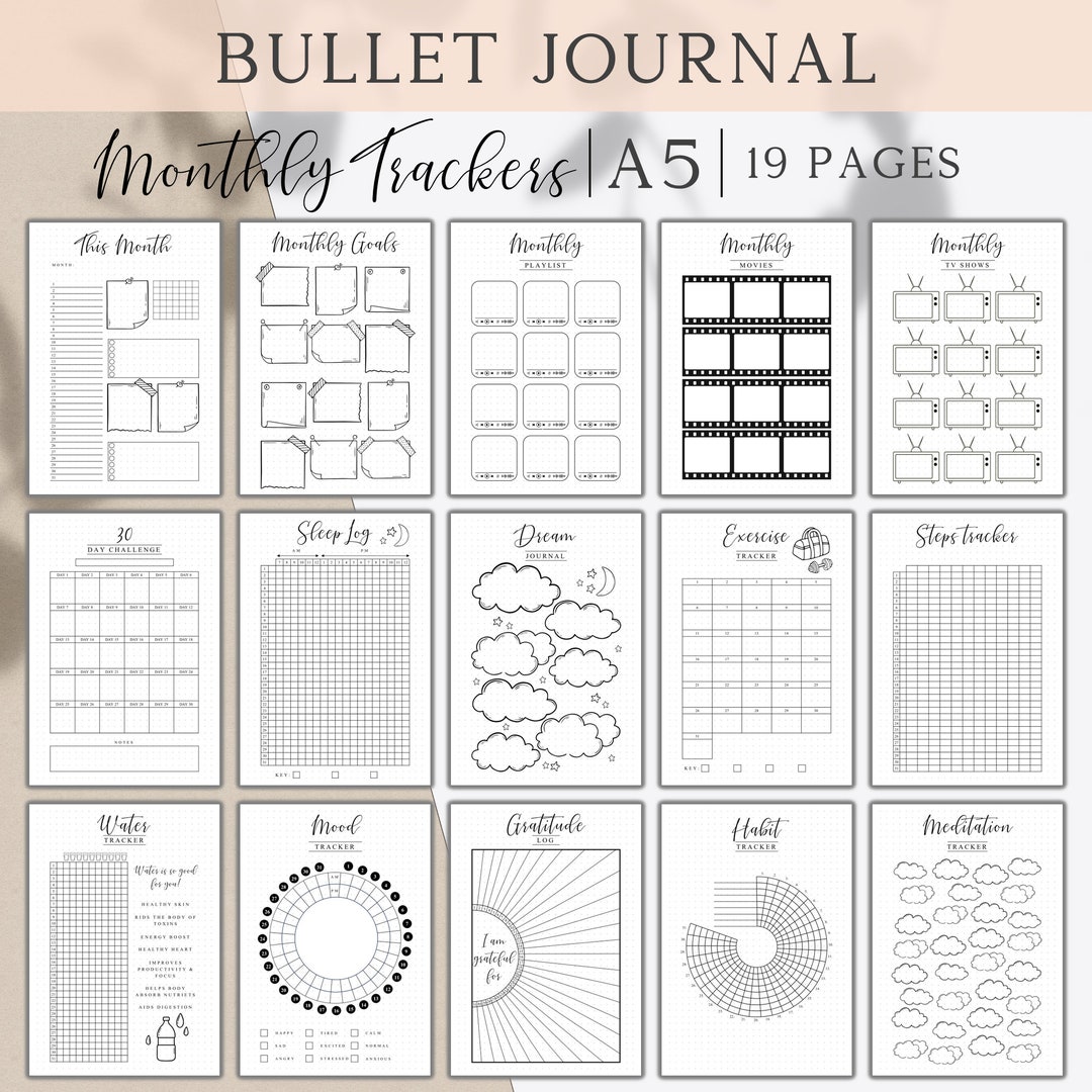 Monthly Trackers Bundle, Bullet Journal A5 Monthly Inserts, Printable ...