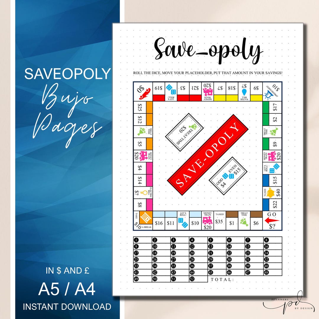 Printable Saveopoly Savings Challenge, Bullet Journal Budgeting Game ...