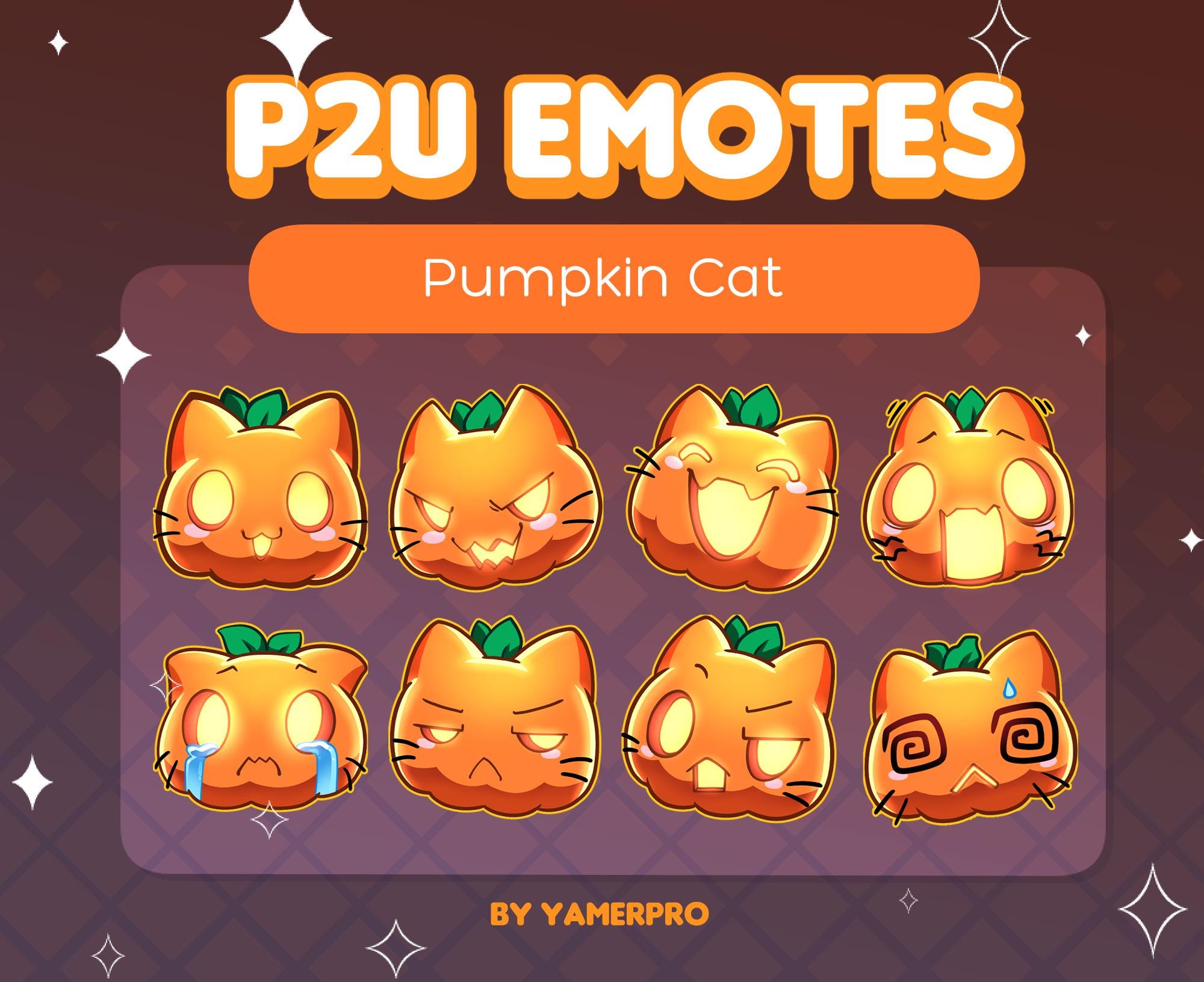 8 Chibi Cute Kawaii Pumpkin Cat Emote Pack | Halloween | Stickers Icons ...