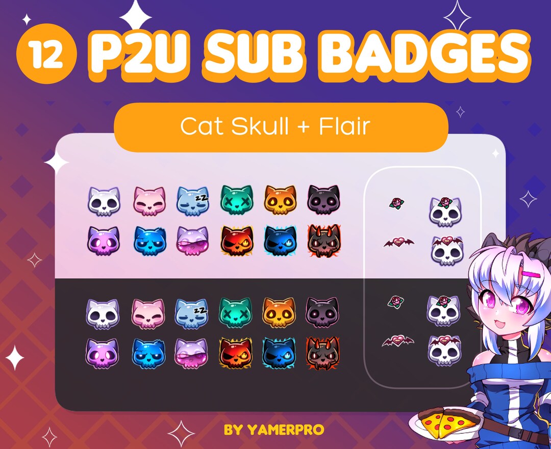 12 P2U Cute Neko Cat Skull Twitch Sub or Bit Badges + Bonus Flairs ...