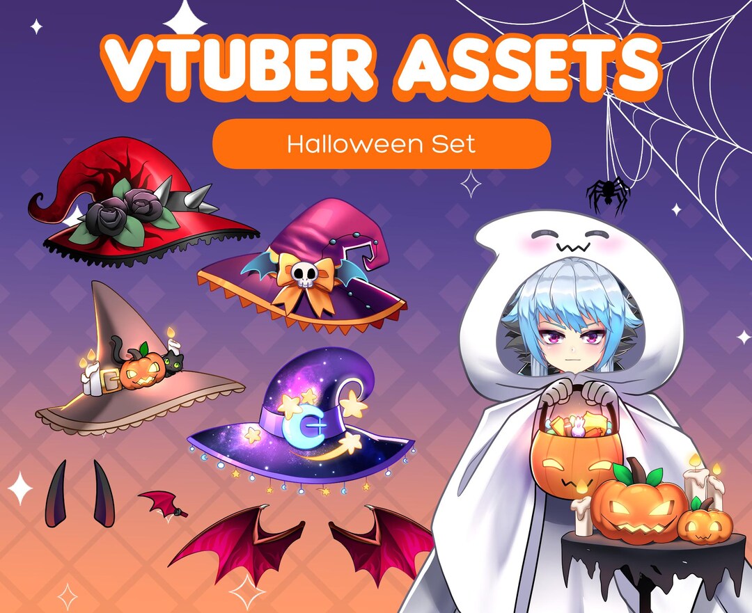Cute Kawaii Vtuber Halloween Assets Pack | Ghost Witch Hat Wings Cat ...