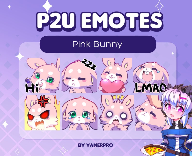 8 Cute Cuddly Chibi Pink Bunny Emote Pack Japan Kawaii Rabbit Stickers ...