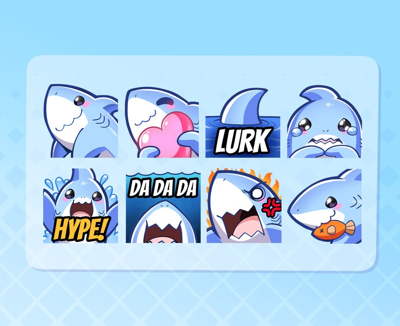 8 Cute Cuddly Chibi Shark Fish Emote Pack Japan Kawaii Stickers for ...