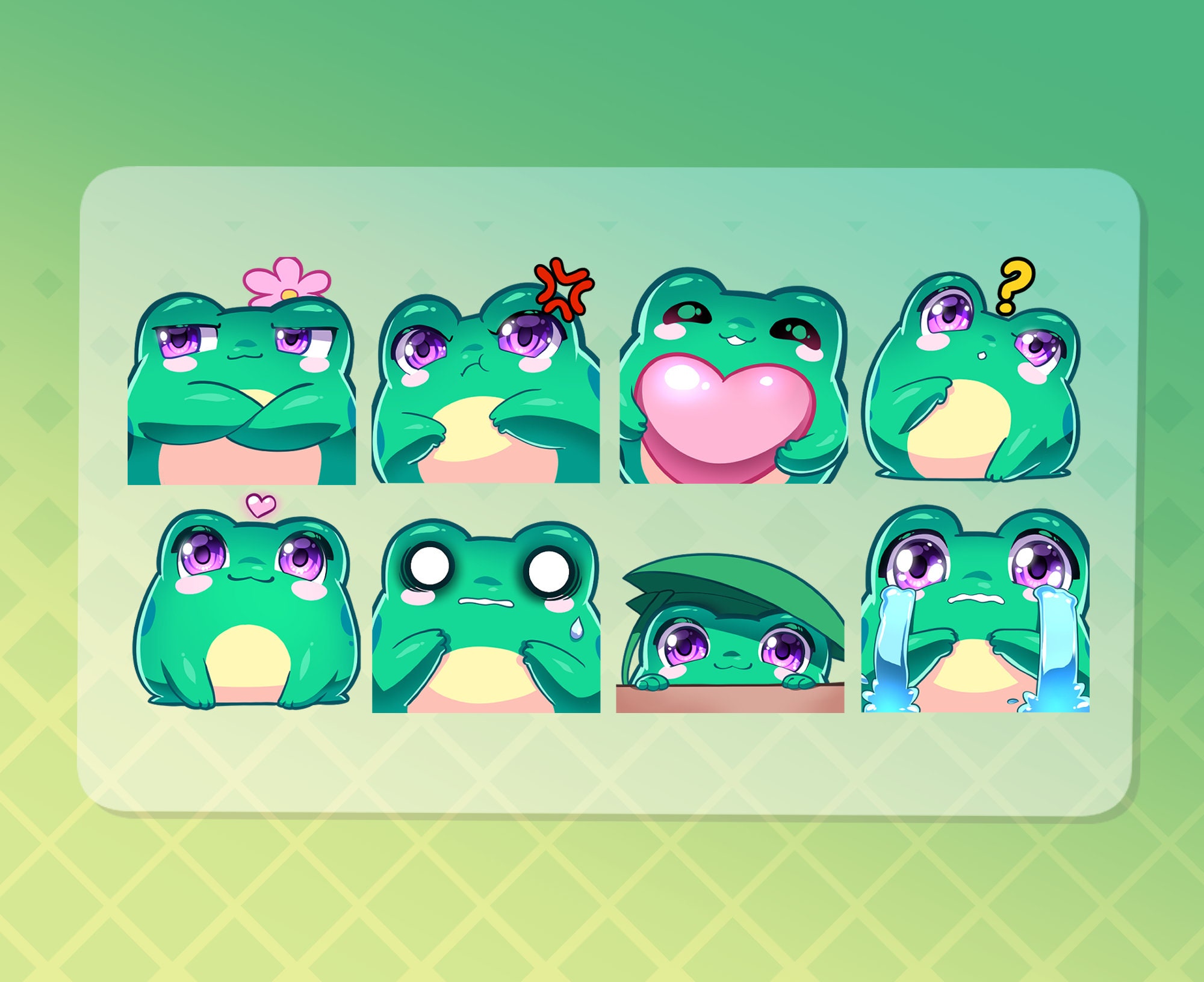 8 Chibi Cute Kawaii Green Frog Emote Pack | Froggie | Stickers Icons ...