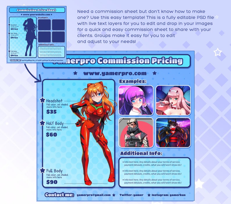 Easy PSD DIY Custom Pricing Commission Sheet Template for Artists, Crafters, Freelancers | Cute ...