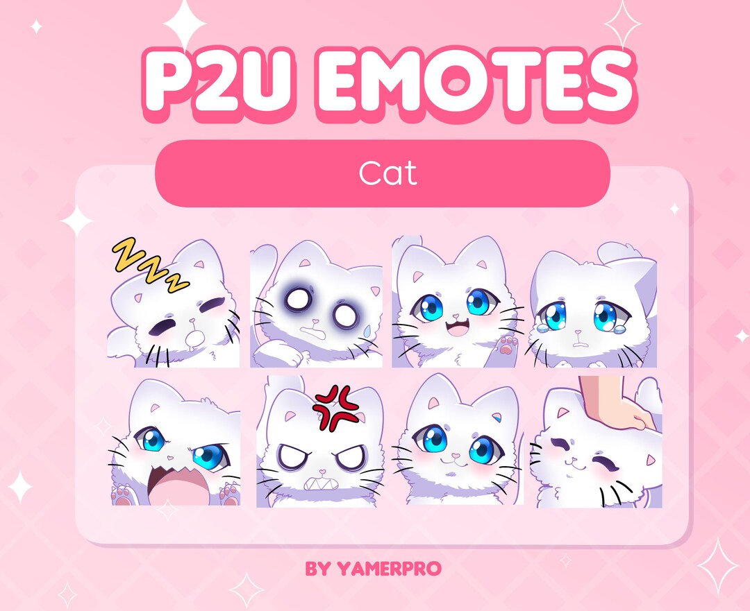 8 Cute Cuddly Chibi White Cat Emote Pack | Japan | Kawaii Neko Kitty ...