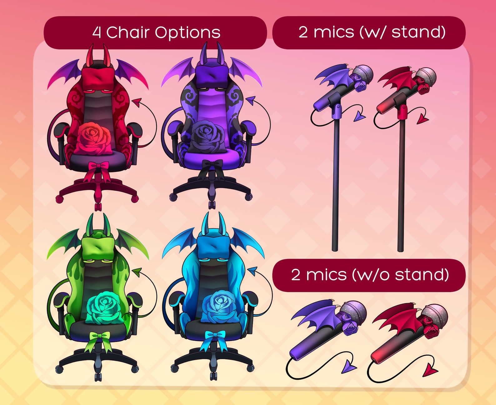 Cute Kawaii Vtuber Devil Assets Pack Dark Demon Wings, 4 Chairs, 2 Mics ...