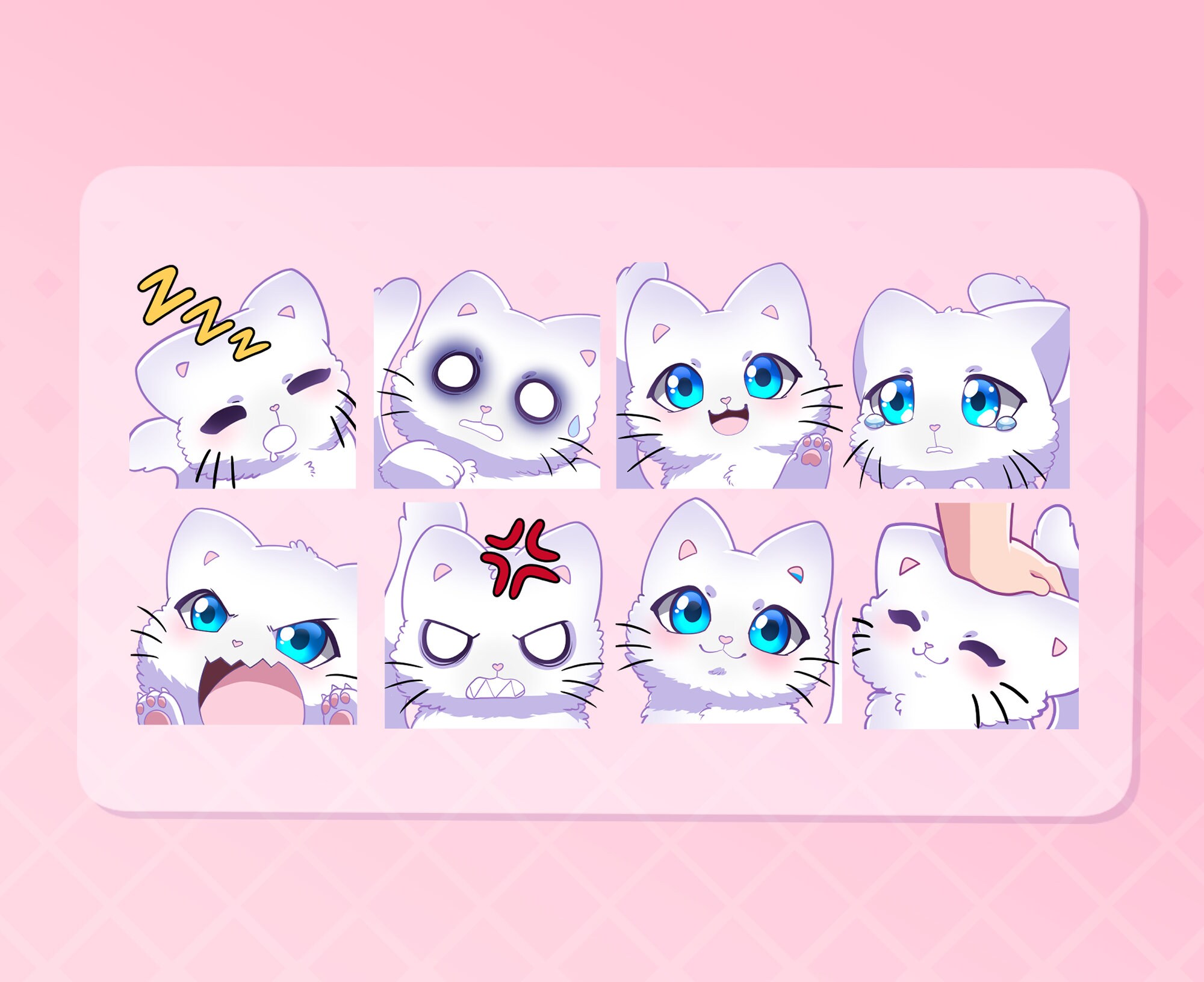 8 Cute Cuddly Chibi White Cat Emote Pack | Japan | Kawaii Neko Kitty ...