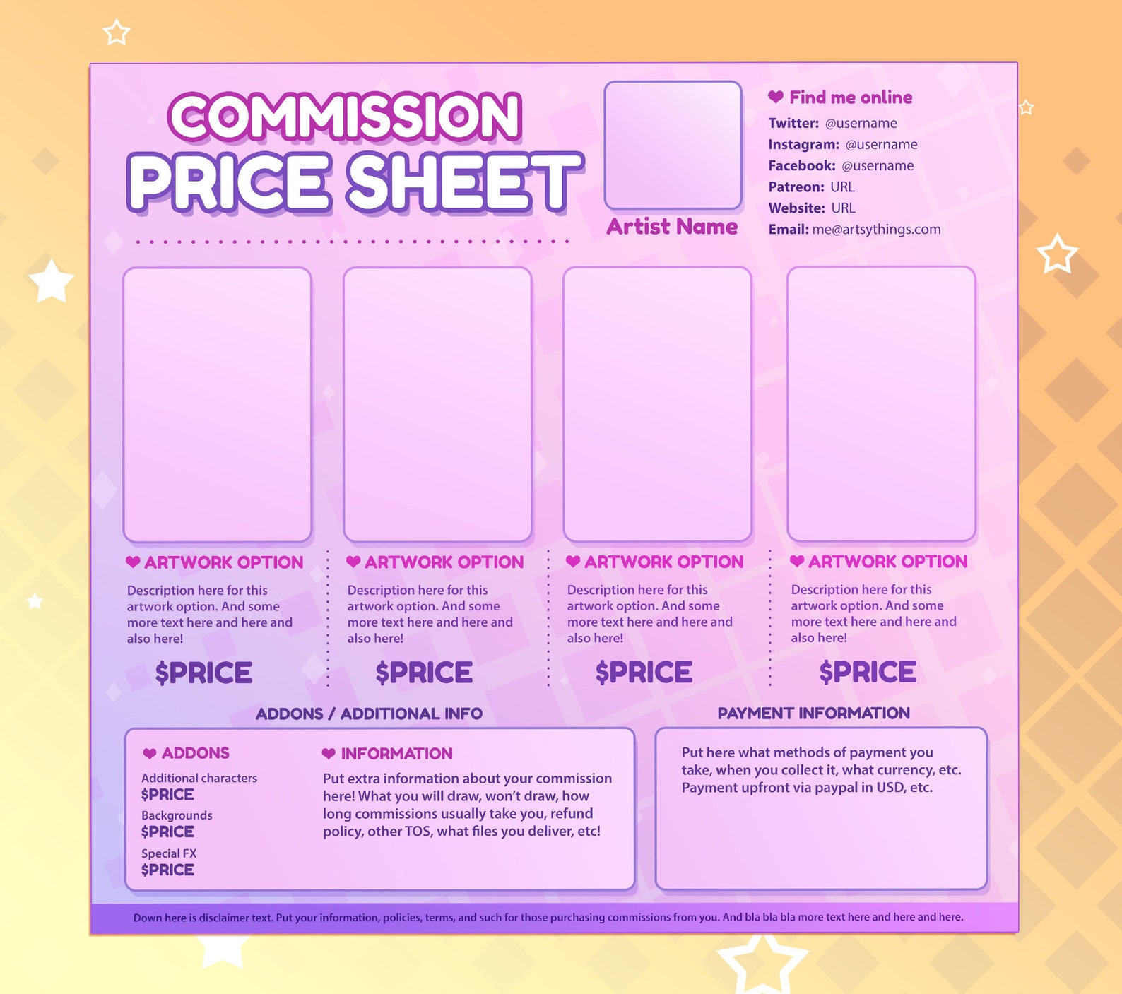 Easy DIY Custom Pricing Commission Sheet Template for Artists, Crafters ...