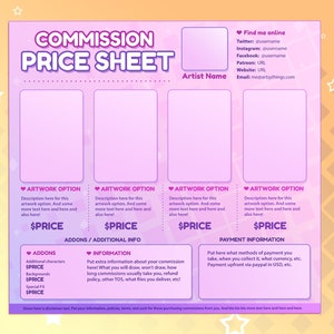 Easy DIY Custom Pricing Commission Sheet Template for Artists, Crafters, Freelancers Cute Kawaii ...