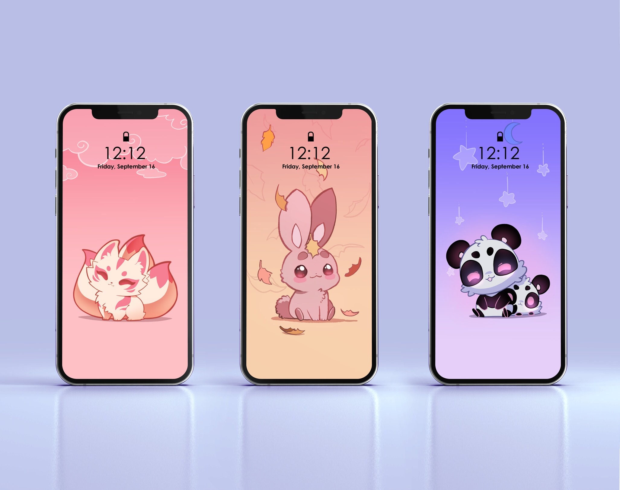 Cute Kawaii Animal Mobile Wallpapers With Kitsune Panda and Bunny - Etsy