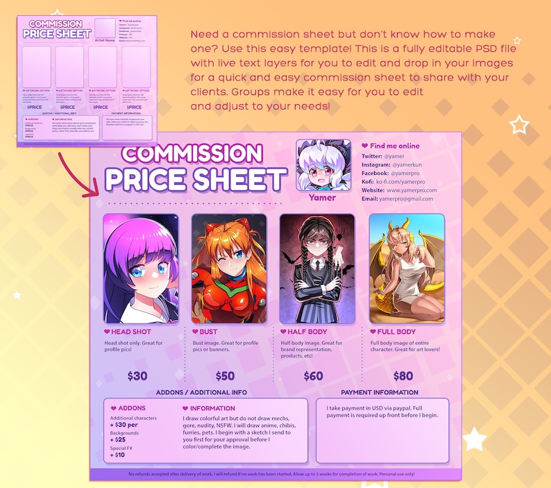 Easy DIY Custom Pricing Commission Sheet Template for Artists, Crafters ...