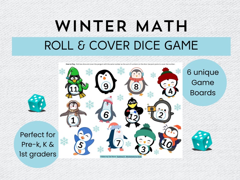 Winter Number Recognition Math Dice Game, Roll Count and Cover ...