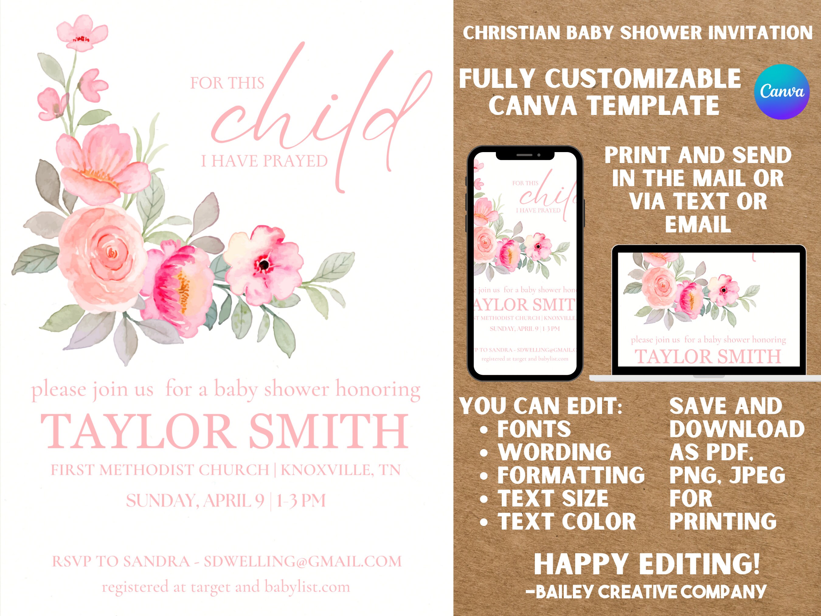Pink Floral Christian Baby Shower Invitation | Baby Shower Invite ...