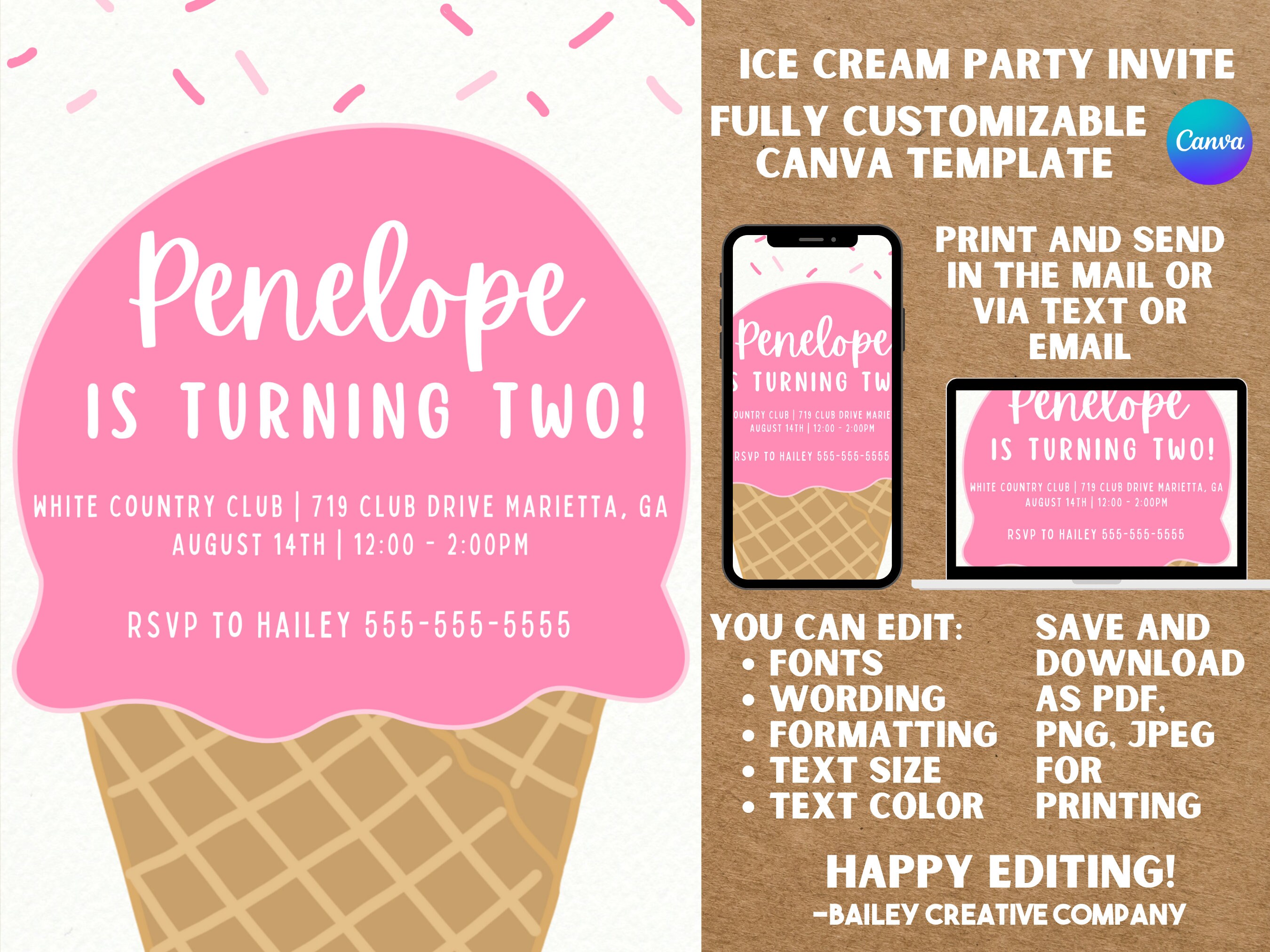 Pink Ice Cream Birthday Invitation Ice Cream Party - Etsy