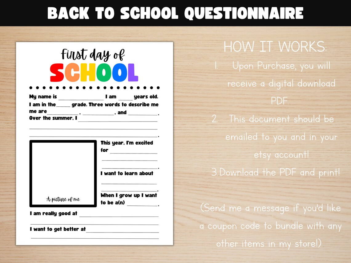 First Day & Last Day of School Questionnaire Printable Back to School ...