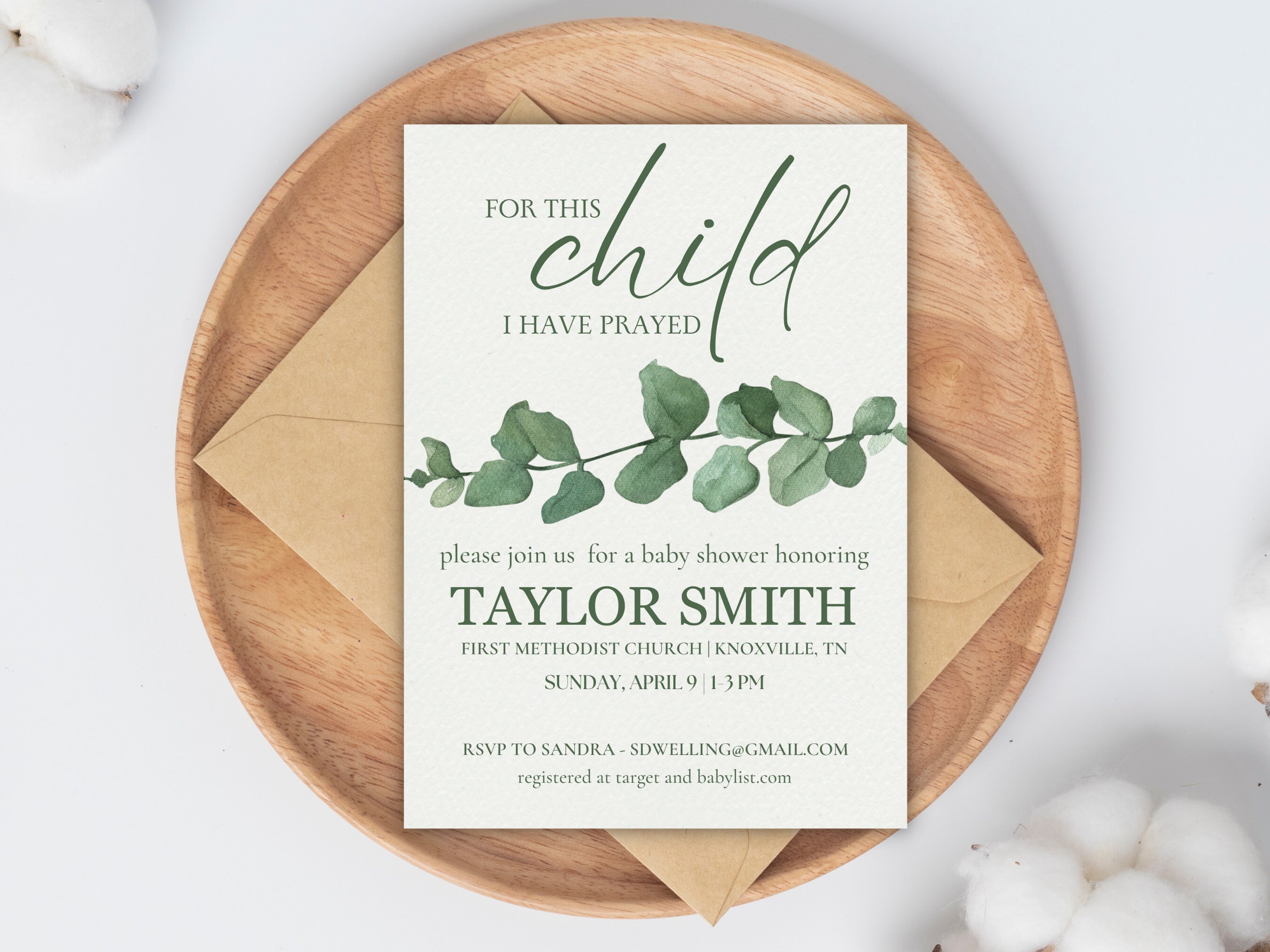 Green Leaf Christian Baby Shower Invite Customizable Template Digital ...
