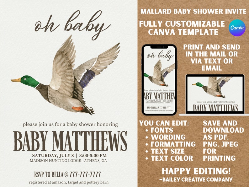 Mallard Baby Shower Invite Template | Boy Baby Shower Invitation | Duck ...