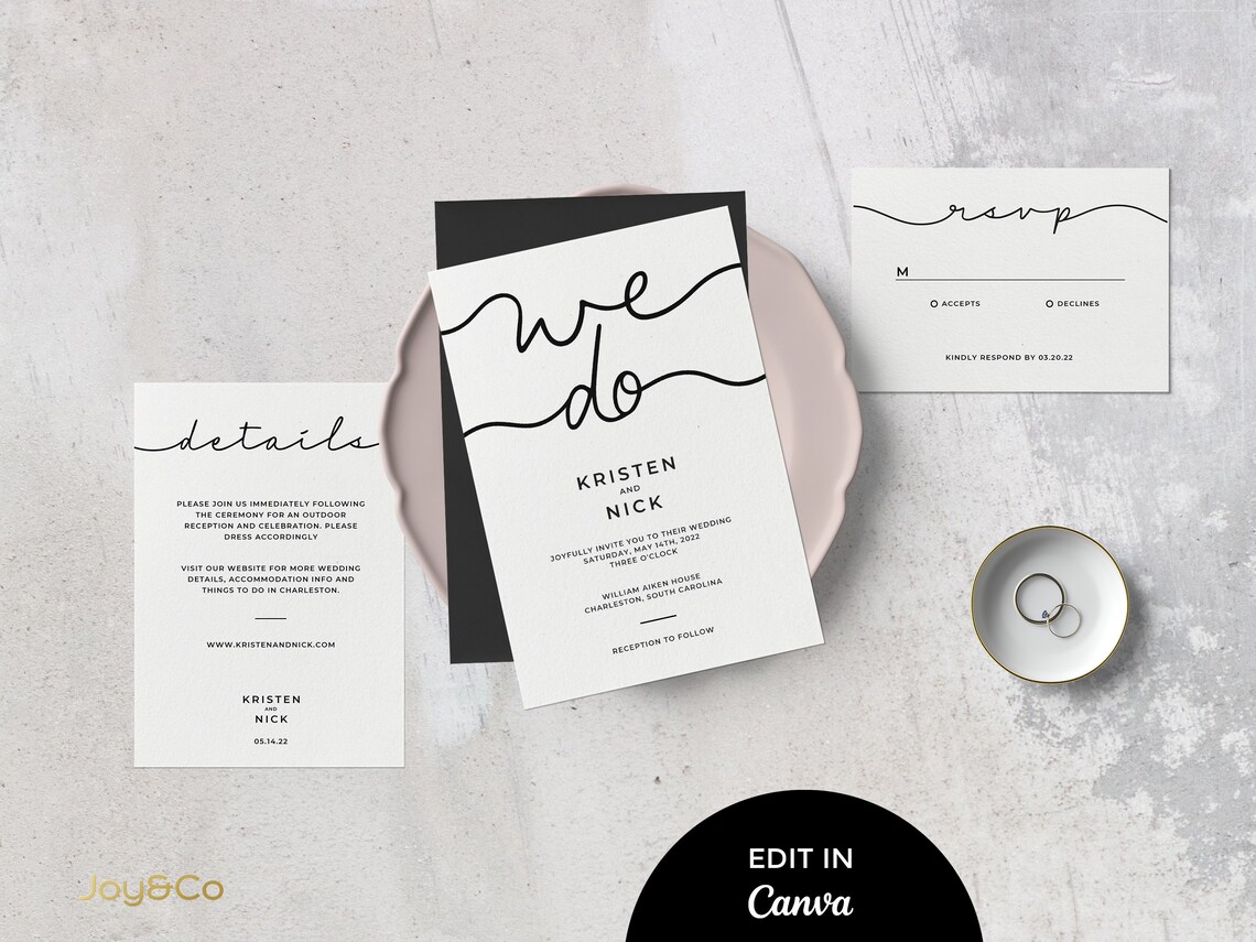 Modern Script Wedding Invitation Template Set Instant Download Printable Editable Canva Template ...