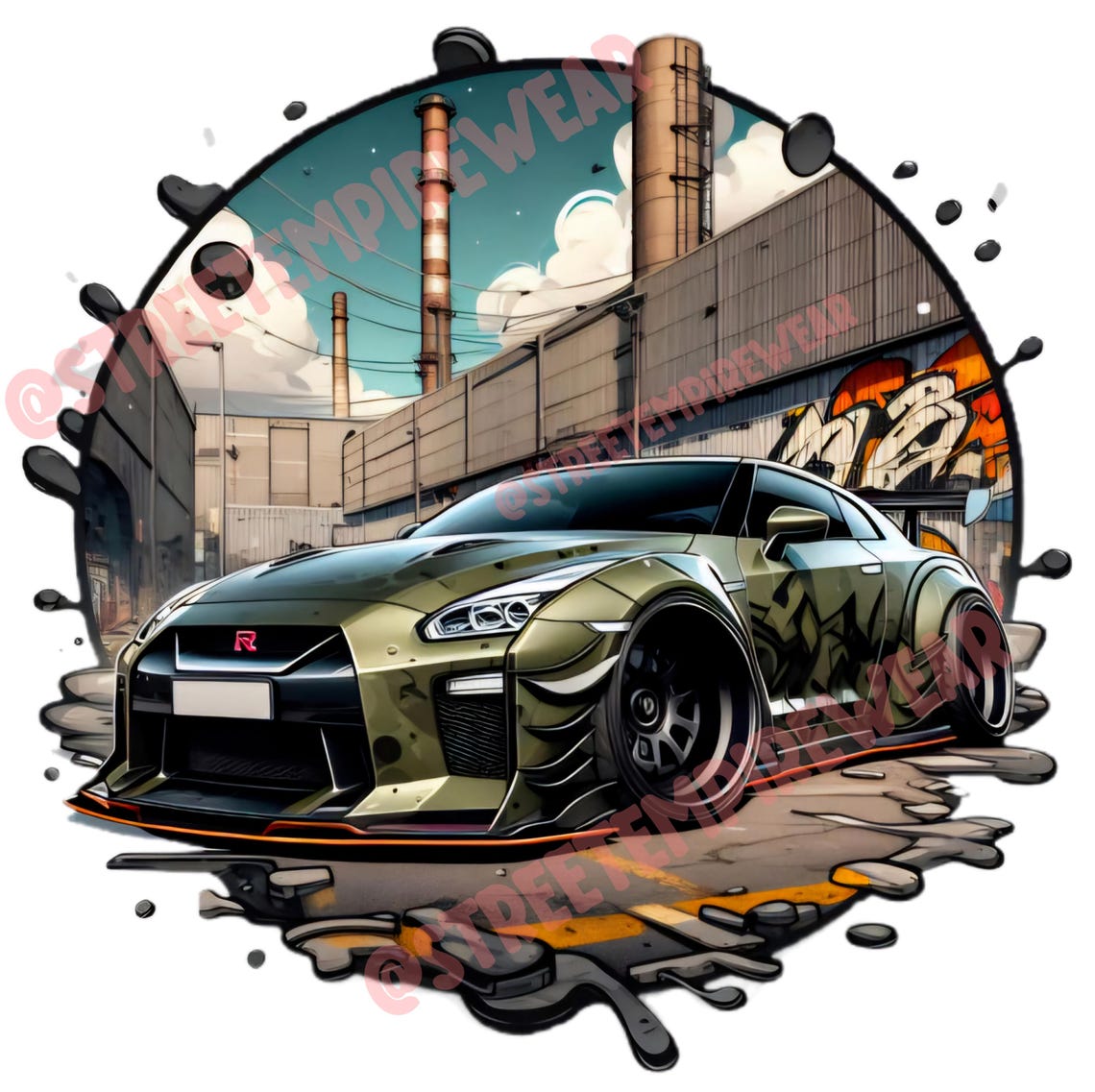 2x Cartoon Style Designs of a Nissan GT-R R35 in Nato Olive Green, With ...