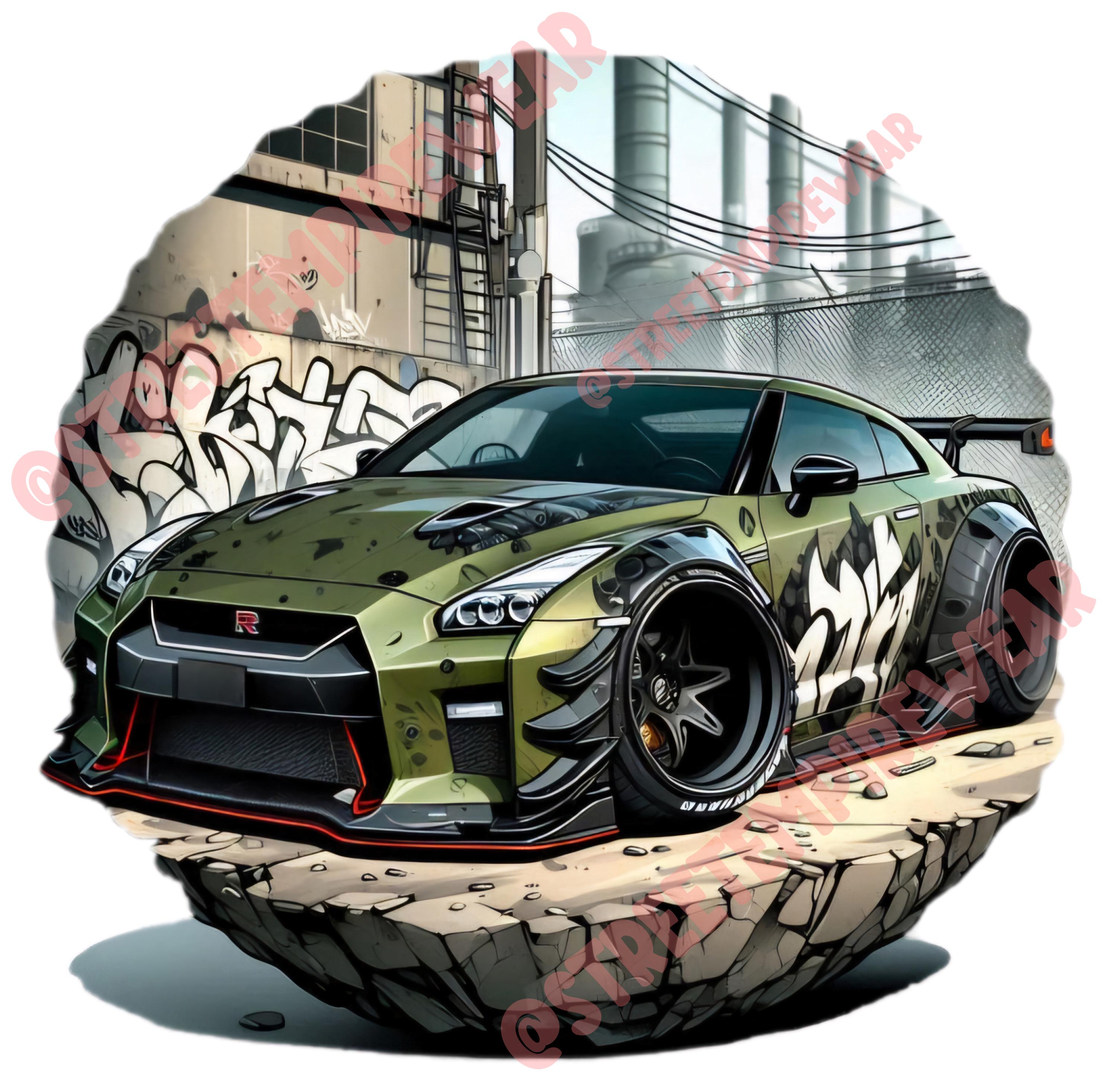 2x Cartoon Style Designs of a Nissan GT-R R35 in Nato Olive Green, With ...
