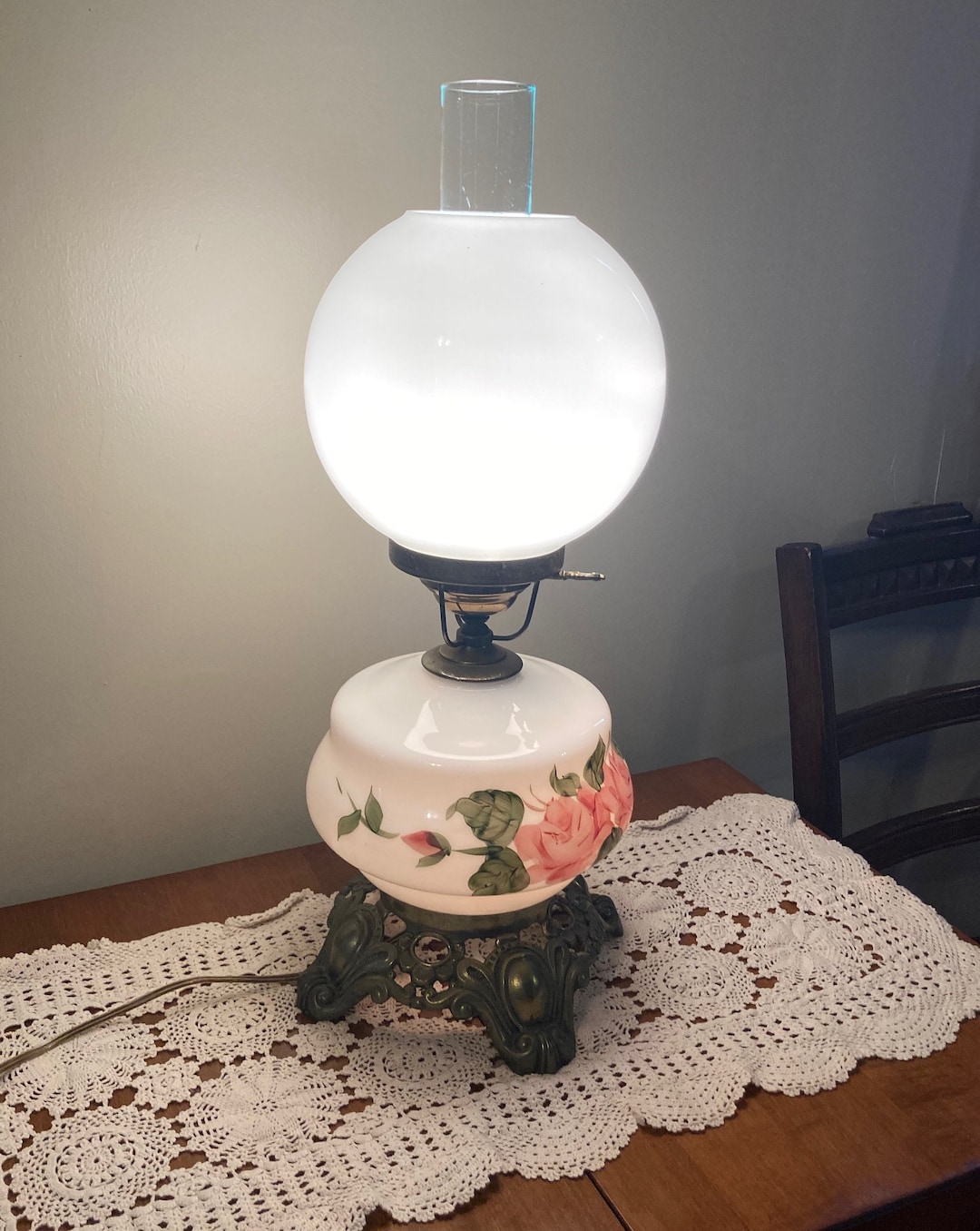 Classic Hand-painted Rose Beauty; Vintage Electric Hurricane Lamp, 22 ...